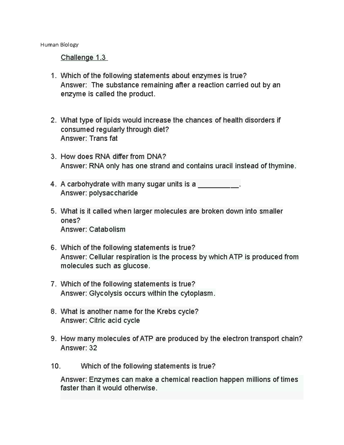 Human biology 1.3 Challenge Questions - Human Biology Challenge 1. 1 ...