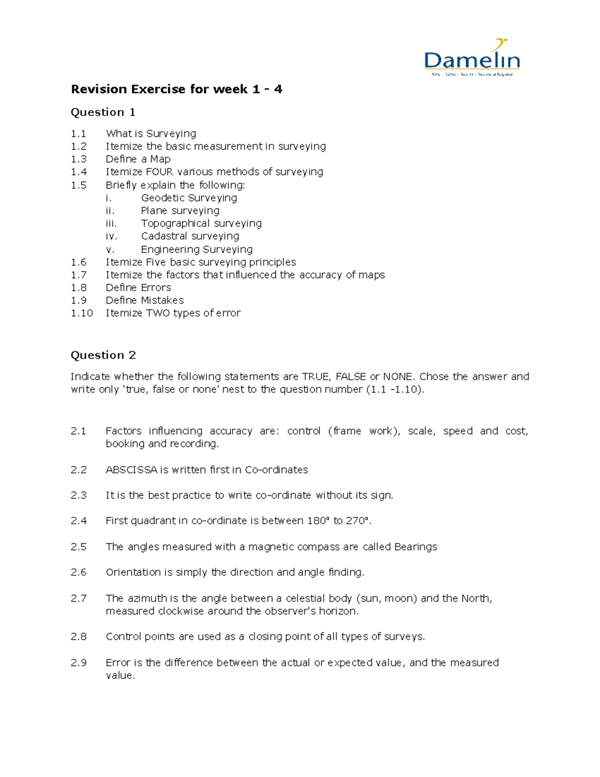 Revision Exercise Week 1-4 - Revision Exercise for week 1 - 4 Question ...