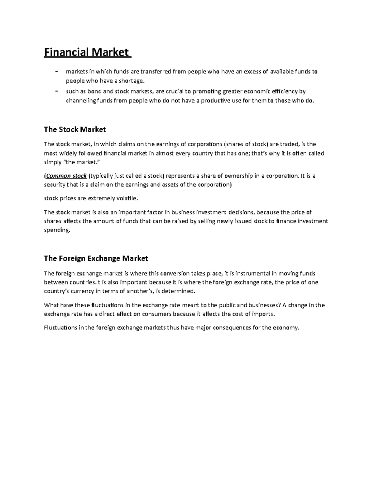 Chap 1 notes - note to finance - Financial Market - markets in which ...