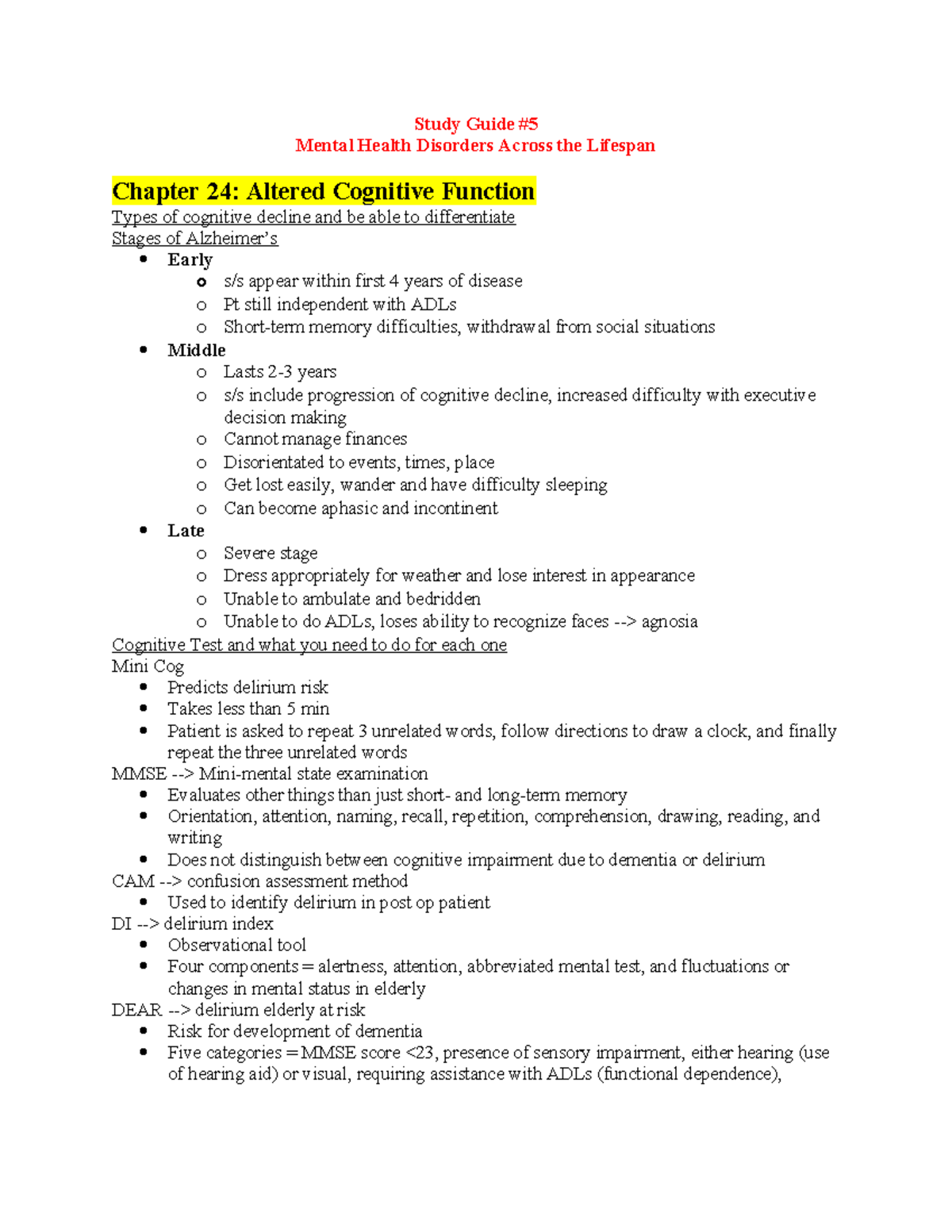 Study Guide #5- Final - Mental Health Disorders Across the Lifespan ...