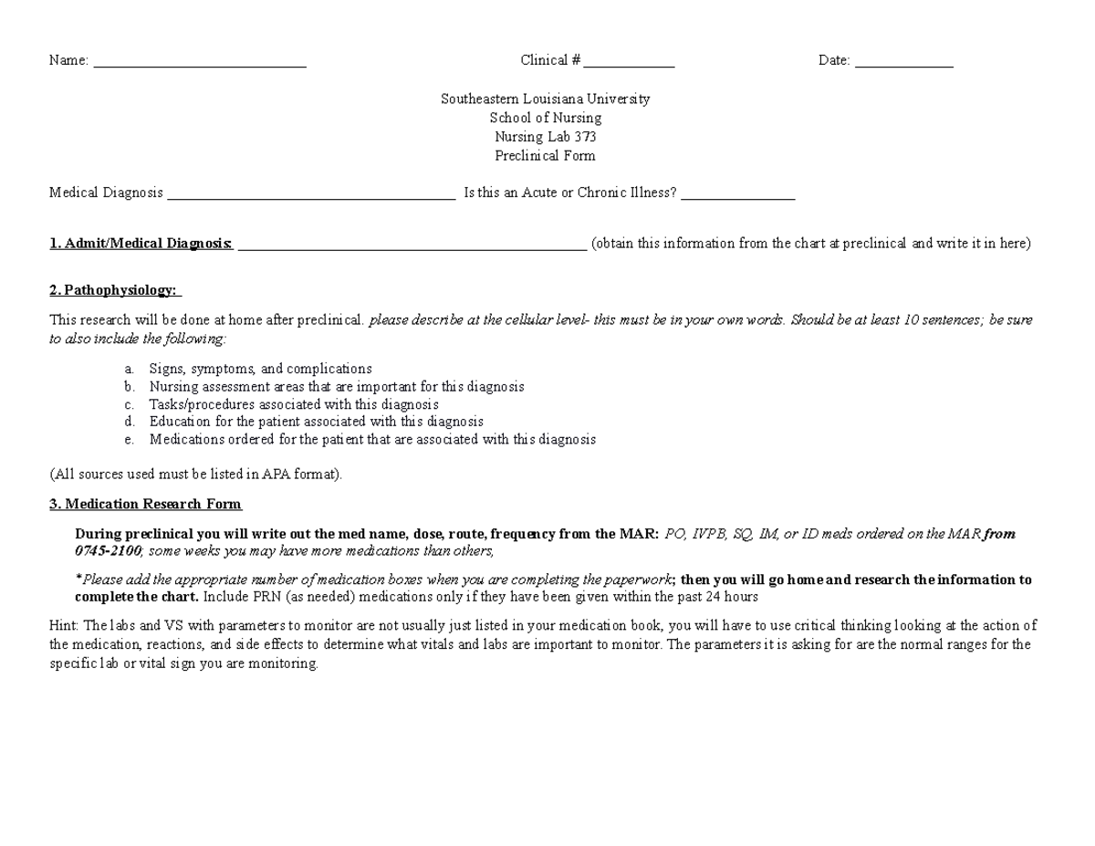 373 Pre Clinical Packet Use Before Care Planning - Name ...