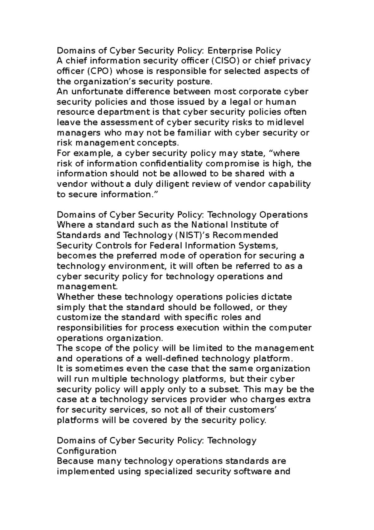 Cs1 - Domains of Cyber Security Policy: Enterprise Policy A chief ...