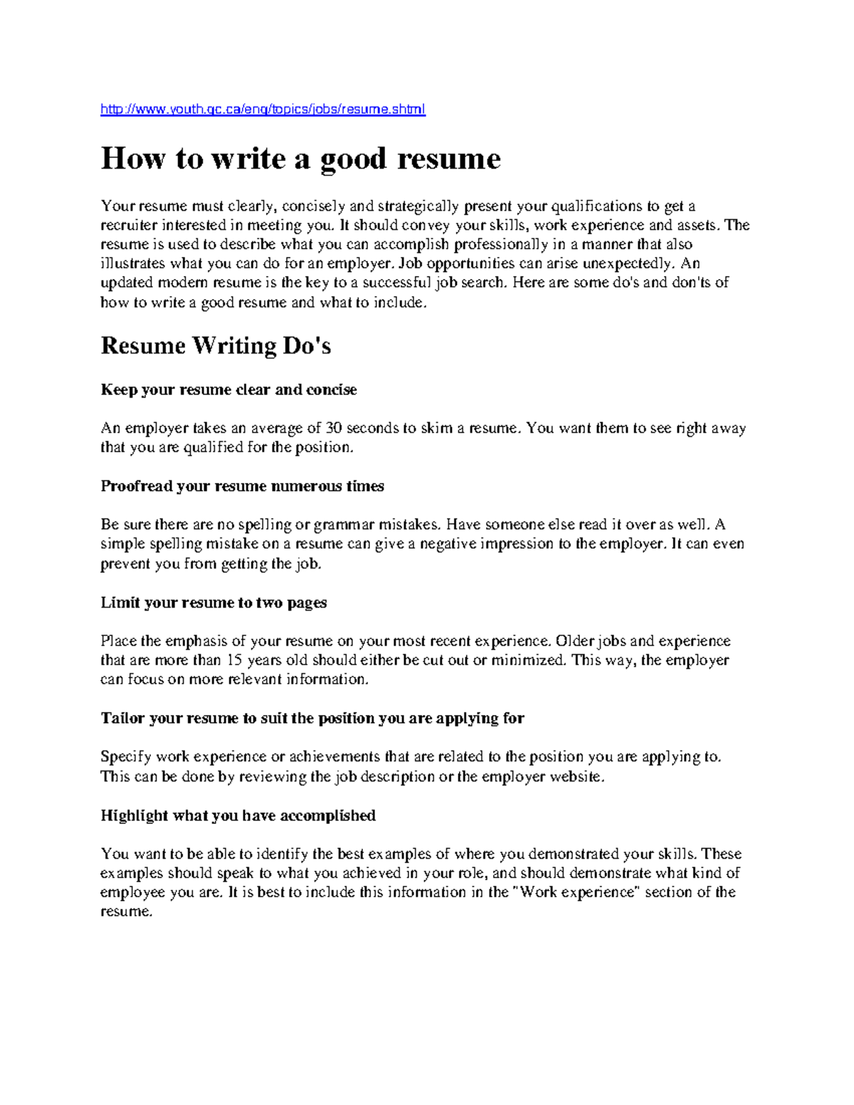 Resume Tips - tips - youth.gc/eng/topics/jobs/resume.shtml How to write ...