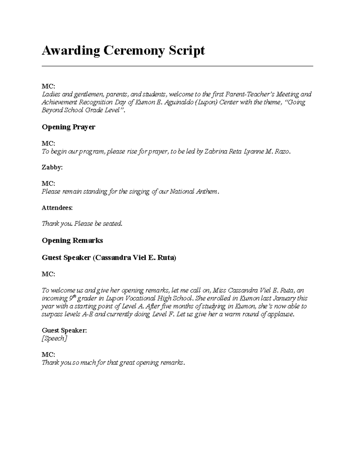 Revised-script - None - Awarding Ceremony Script MC: Ladies and ...