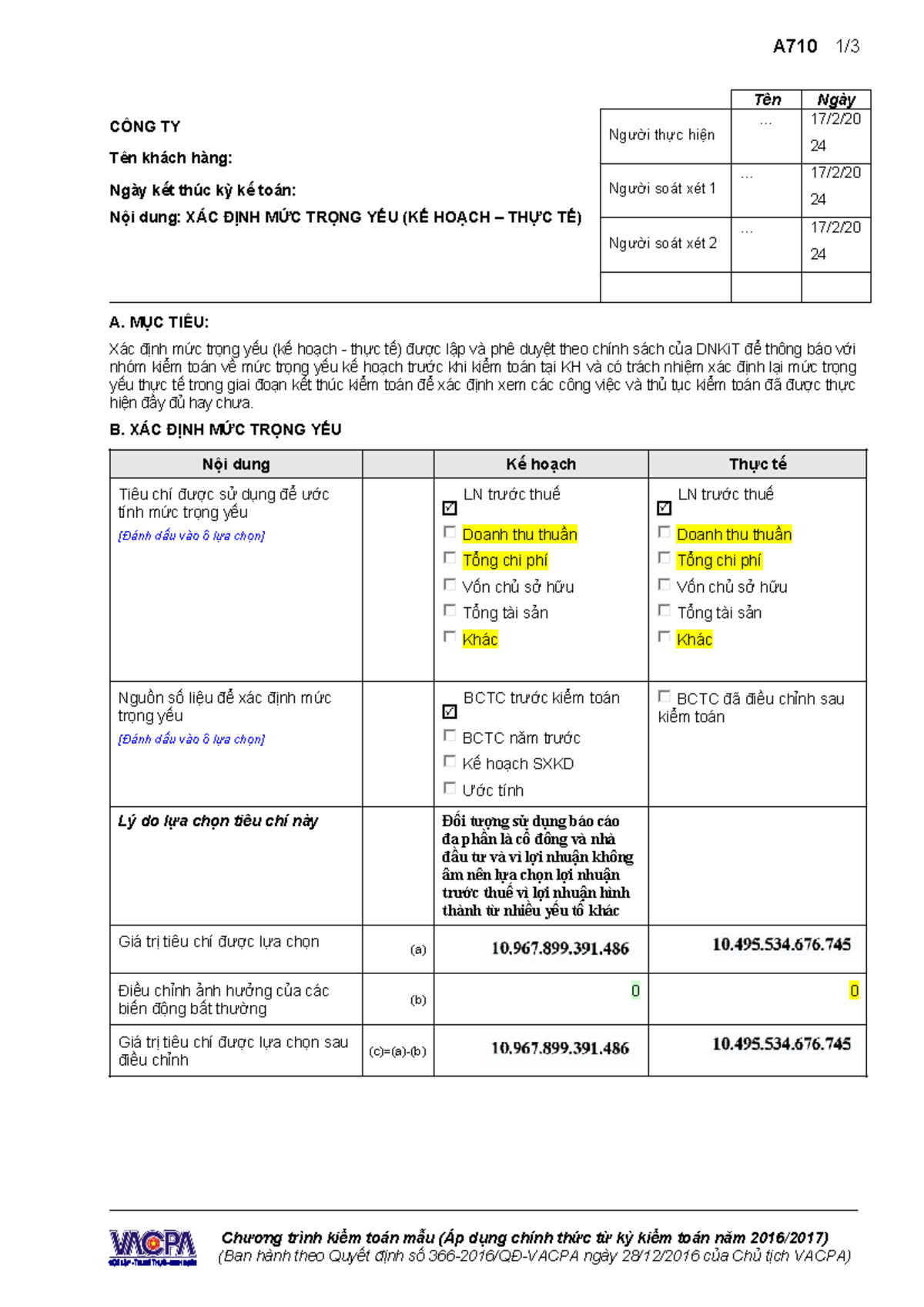 A710 Xac dinh muc trong yeu ke hoach - thuc te (x) - A710 1 / 3 CÔNG TY ...