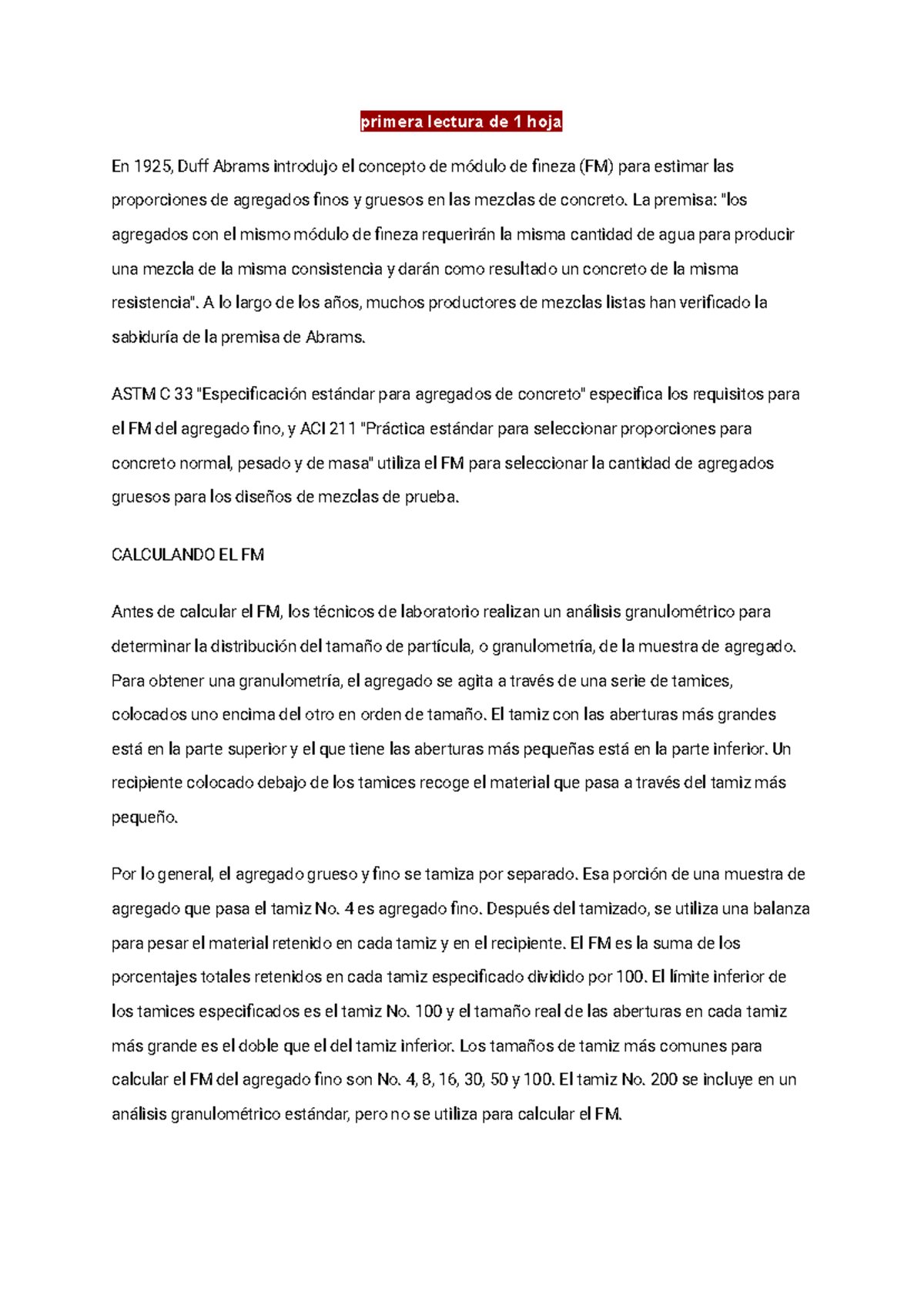 Lectura 1 semana - primera lectura de 1 hoja En 1925, Duff Abrams ...
