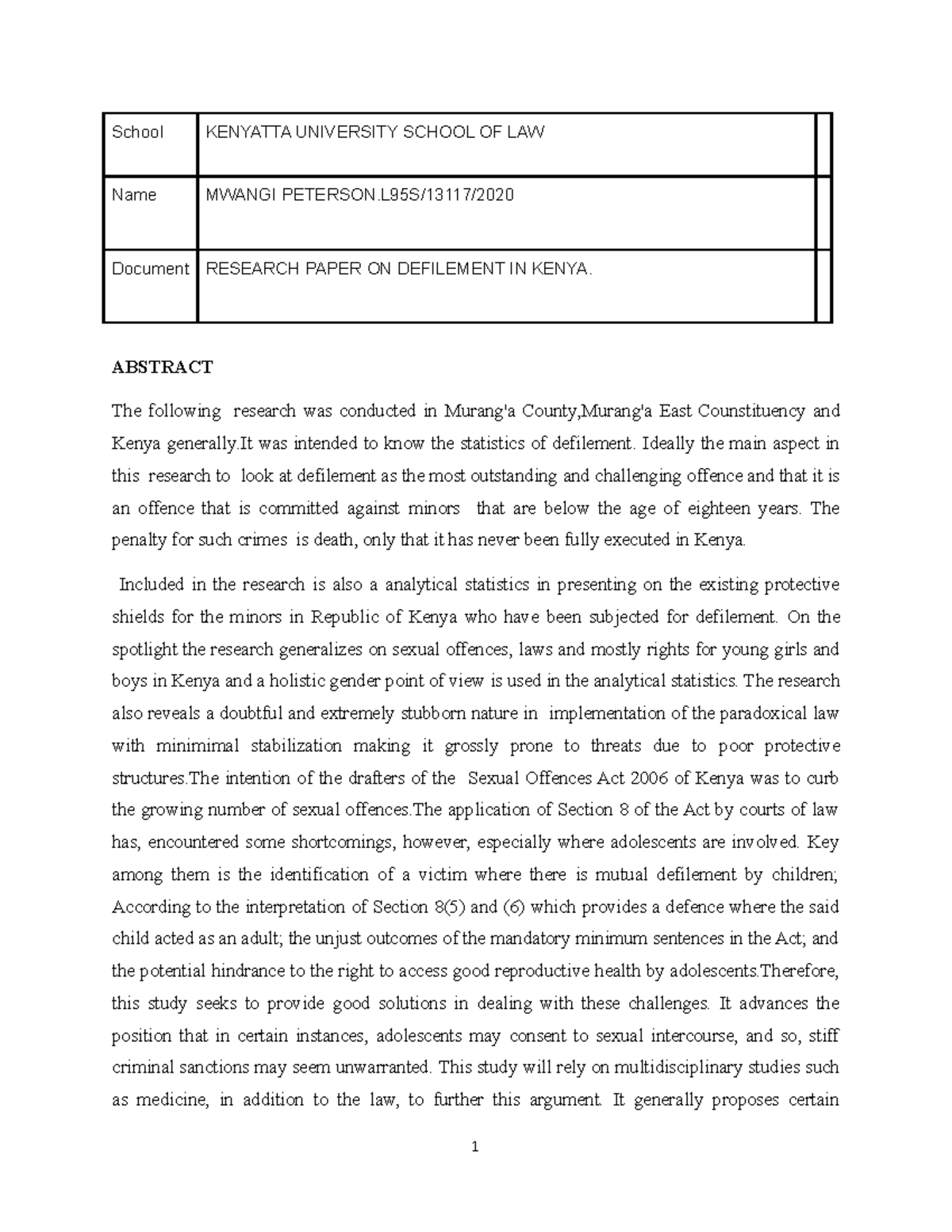 An analytical view of the defilement cases. - School KENYATTA ...