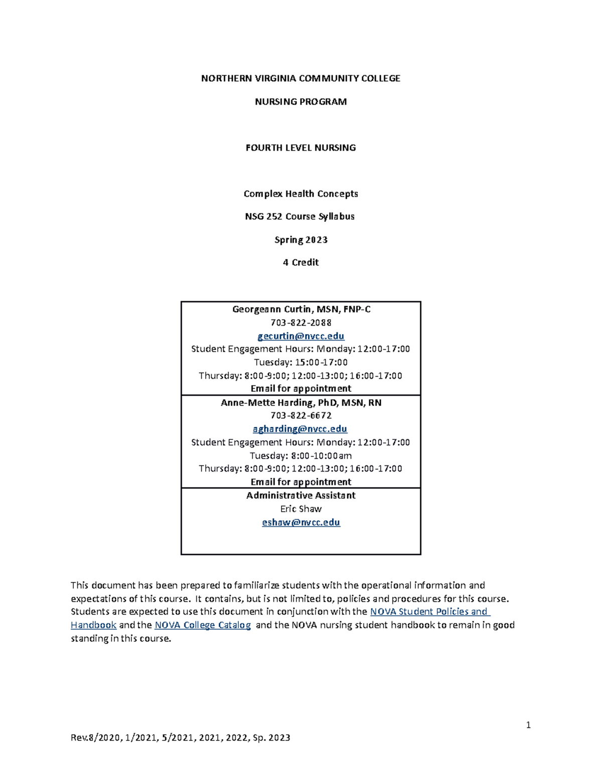 NSG 252 Syllabus Spring 2023 copy - NORTHERN VIRGINIA COMMUNITY COLLEGE ...