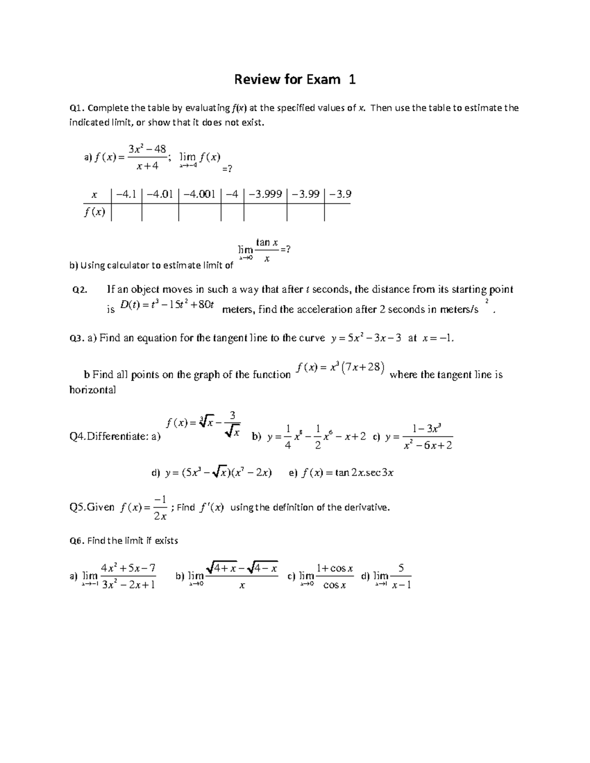 Review for Exam 1 - PRACTICE QUESTIONS FOR EXAM - Review for Exam 1 Q1 ...
