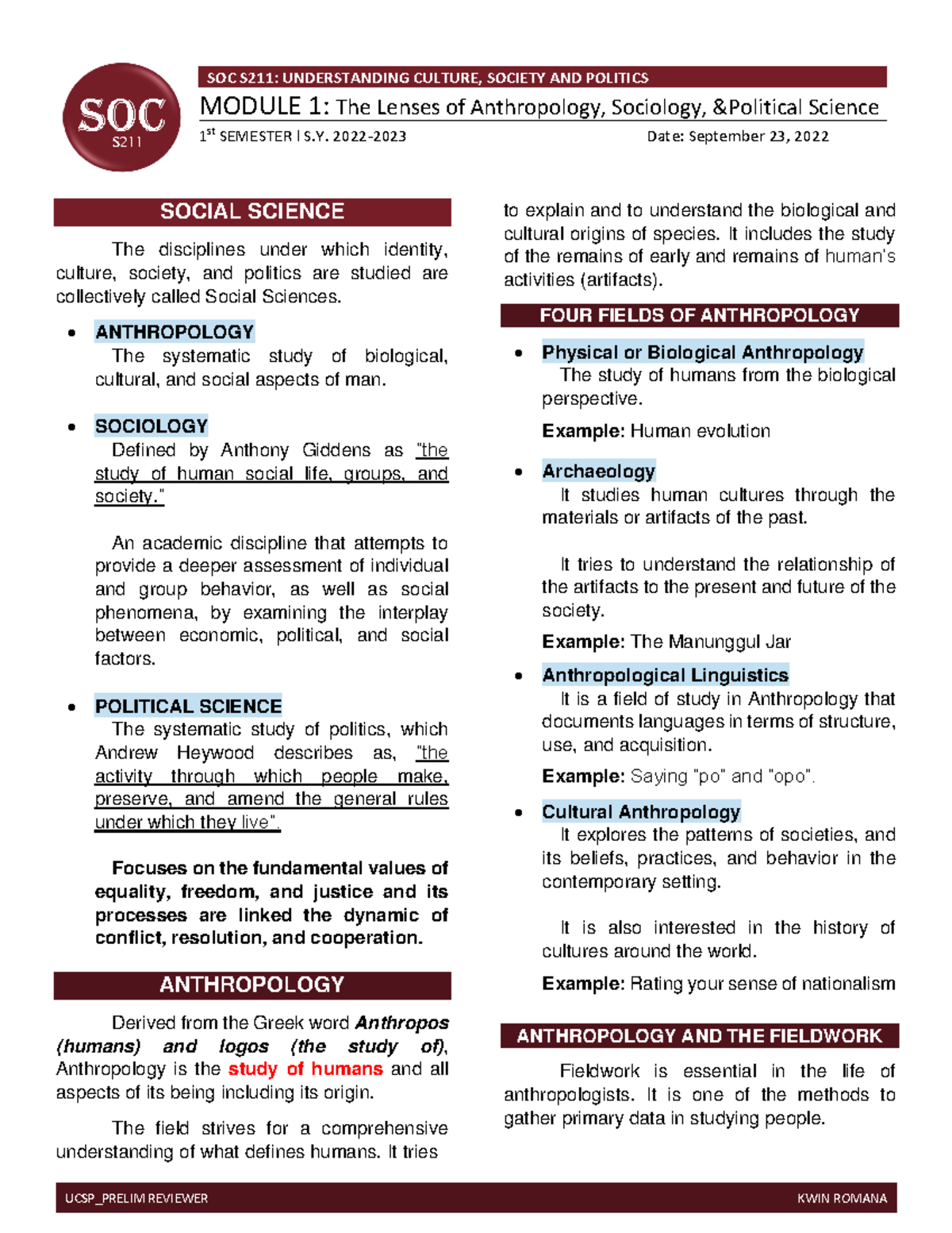 UCSP Prelim- Reviewer - SOCIAL SCIENCE The disciplines under which identity, culture, society ...