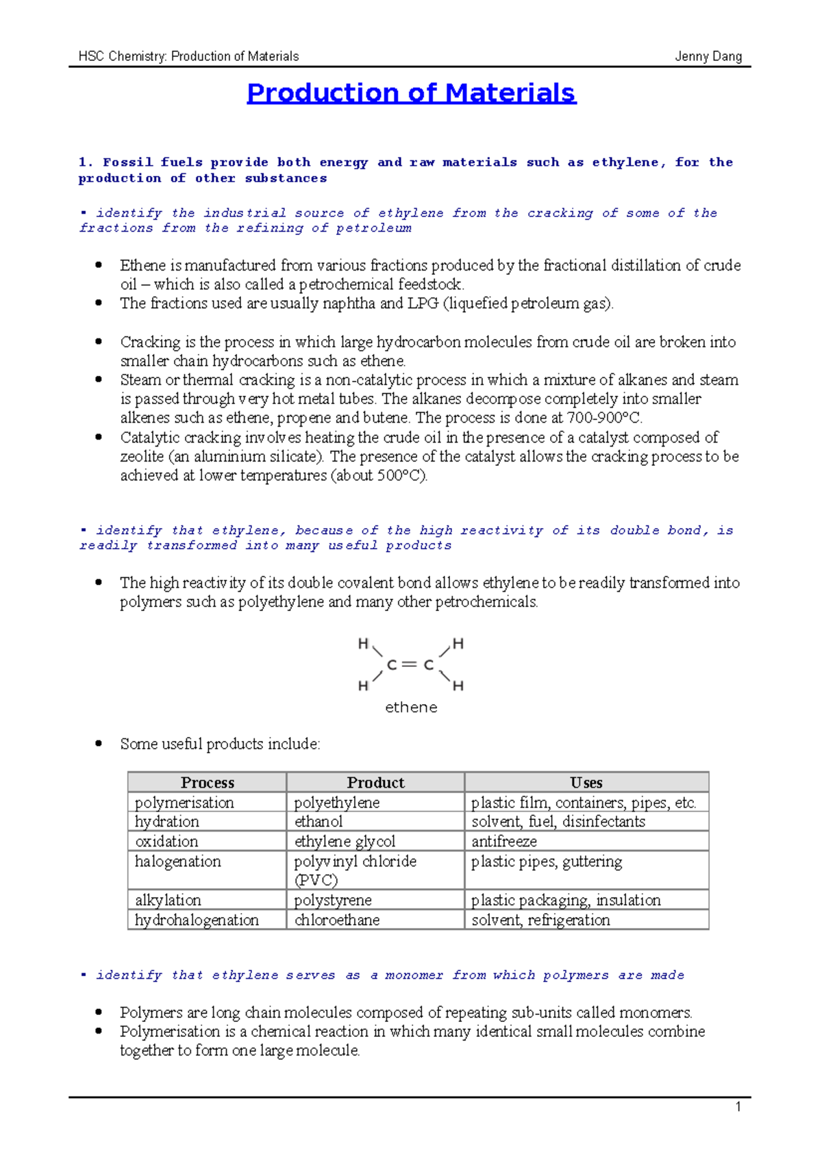 Production of Materials Notes - Production of Materials 1. Fossil fuels ...