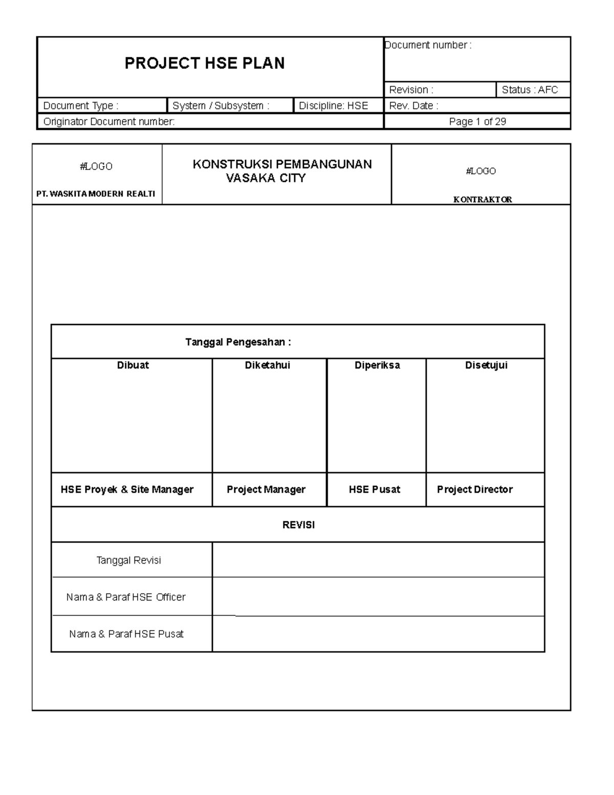 437961052 HSE Plan Contoh - PROJECT HSE PLAN Document number : Revision : Status : AFC Document ...