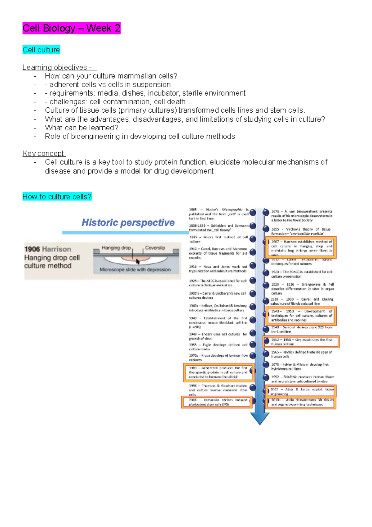 Cell Biology - Week 2 - Lecture notes - Cell Biology – Week 2 Cell ...
