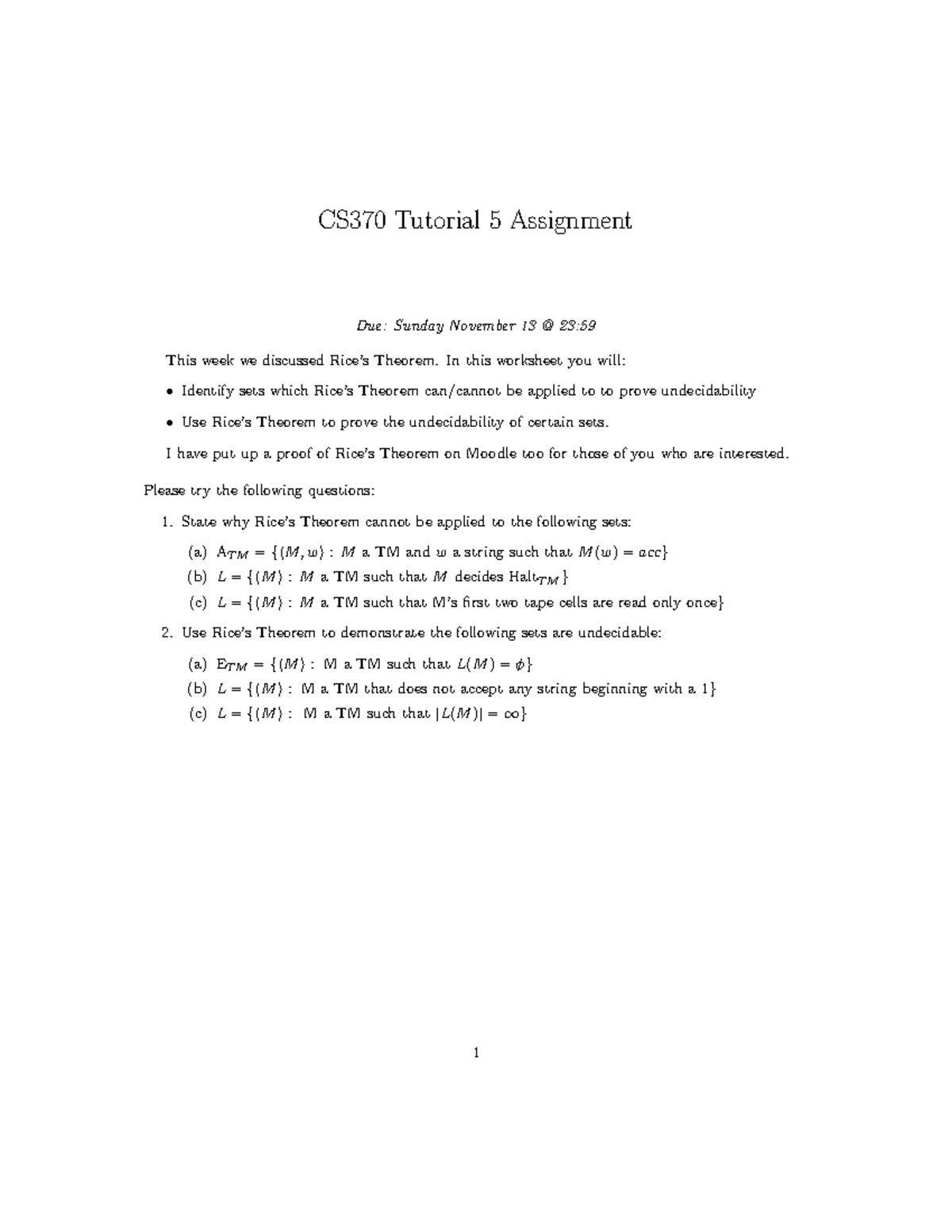 Tutorial 05 Assignment Cs370 Tutorial 5 Assignment Due Sunday November 13 23 This Week We