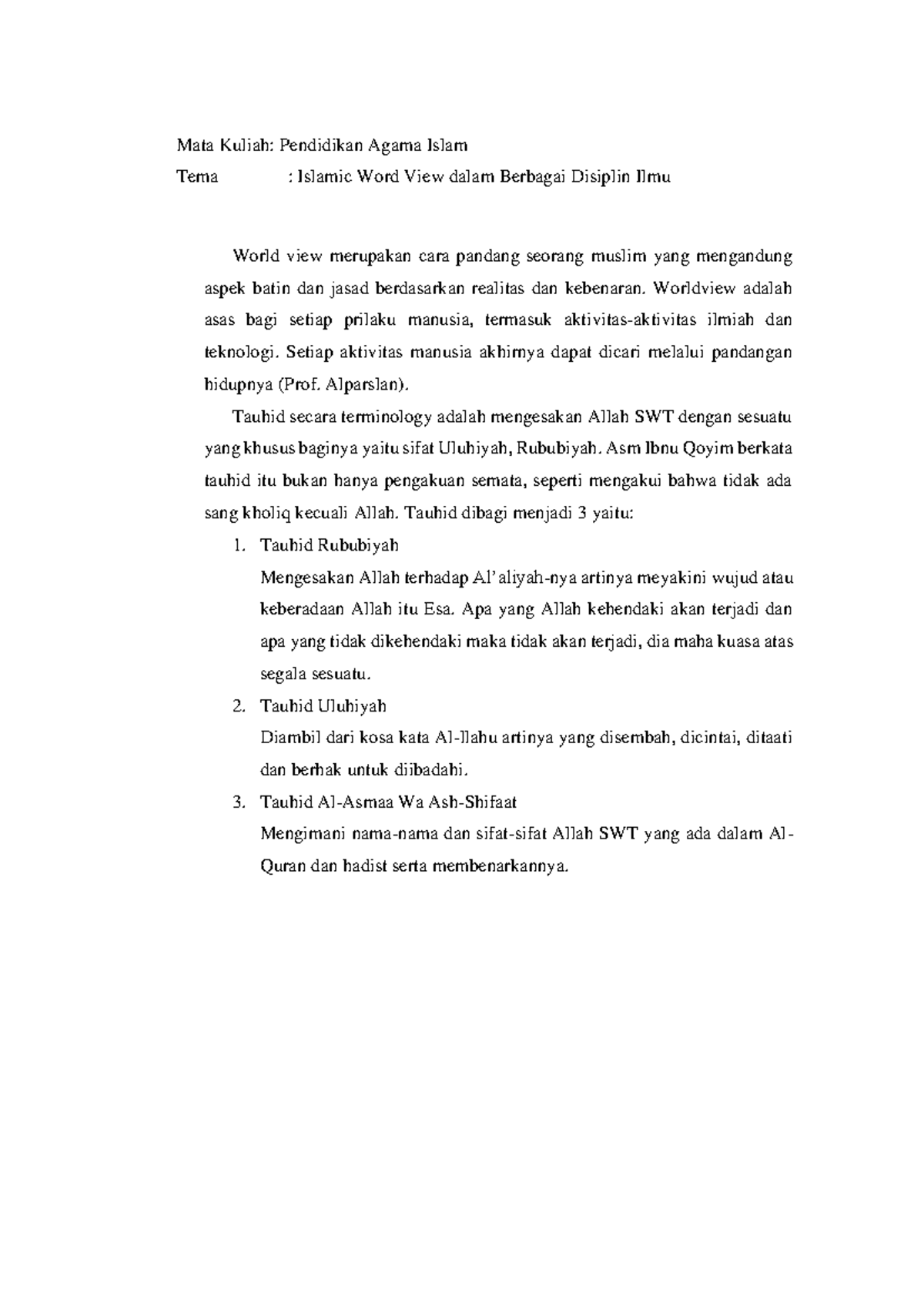 Islamic Word View melalui Berbagai Disiplin Ilmu - Mata Kuliah ...