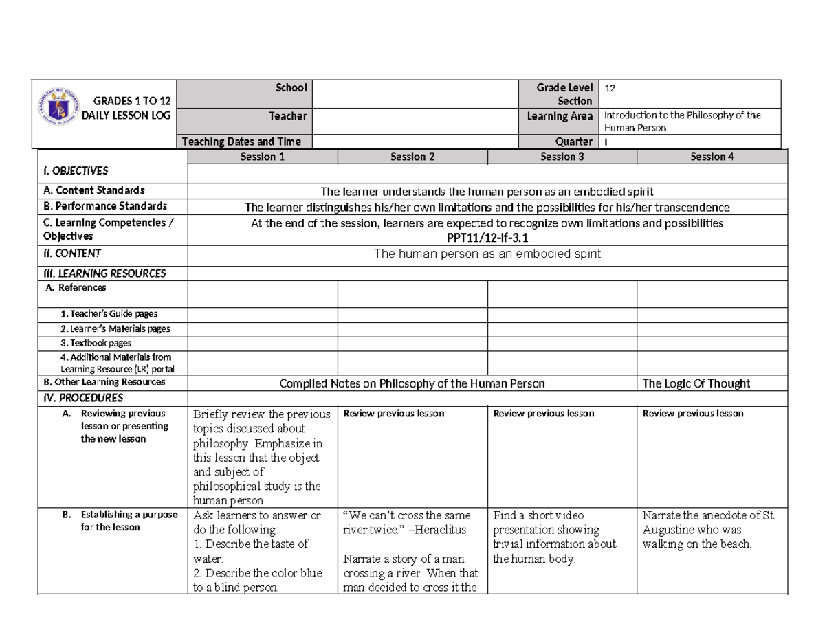 Week f - Embodied Spirit 1 - I. OBJECTIVES Session 1 Session 2 Session 3 Session 4 A. Content ...