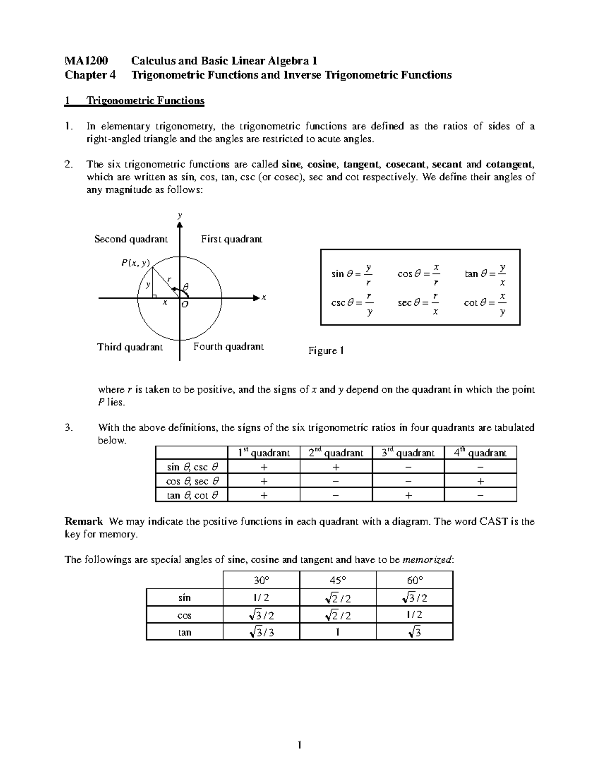 MA1200 Chapter 4 Trigonometric Functions and Inverse Trigonometric ...