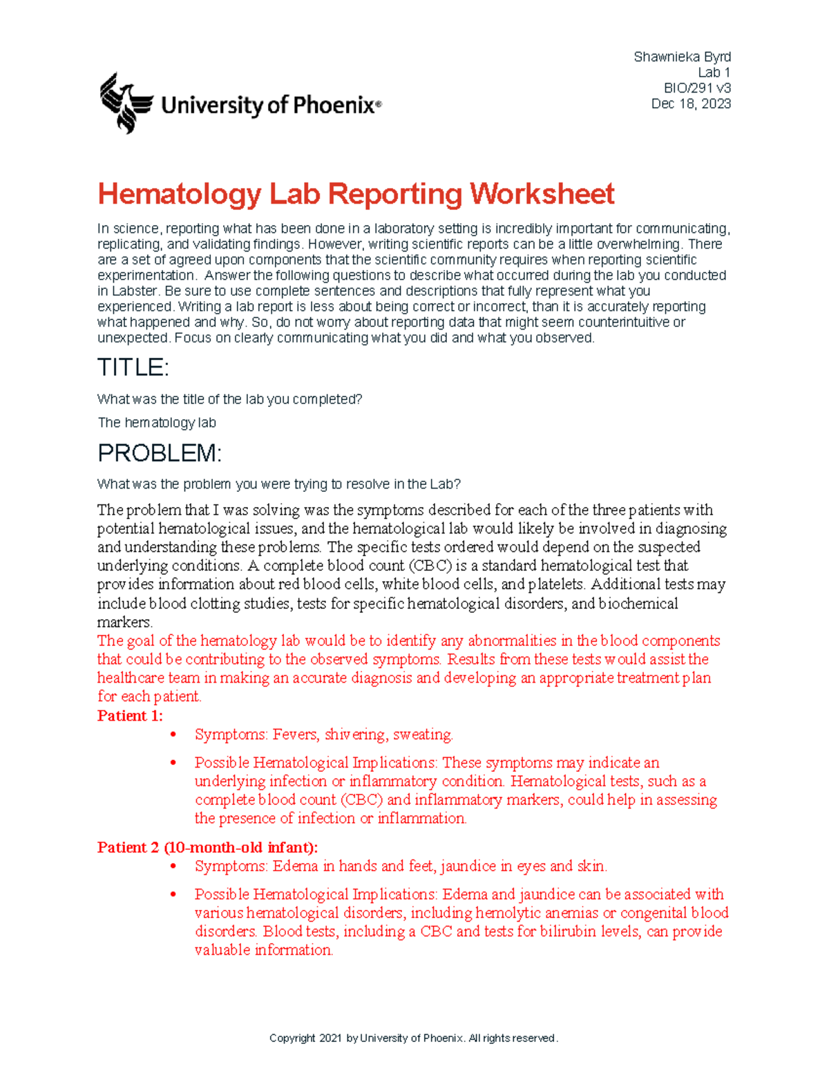 Bio291 v3 wk1 the hematology lab report - Shawnieka Byrd Lab 1 BIO/291 ...