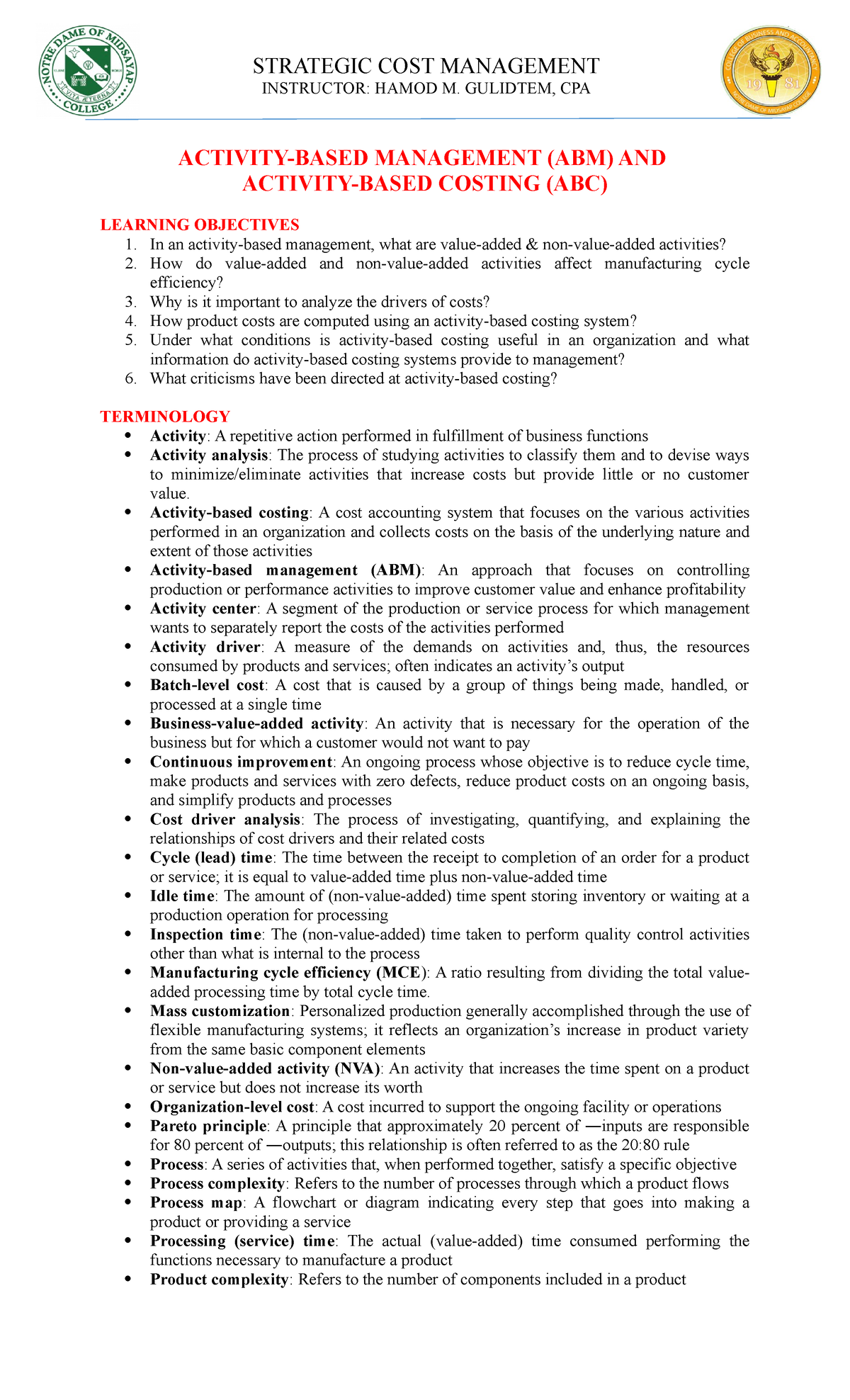 Activity Based Management AND Actvity Based Costing - ACTIVITY-BASED ...