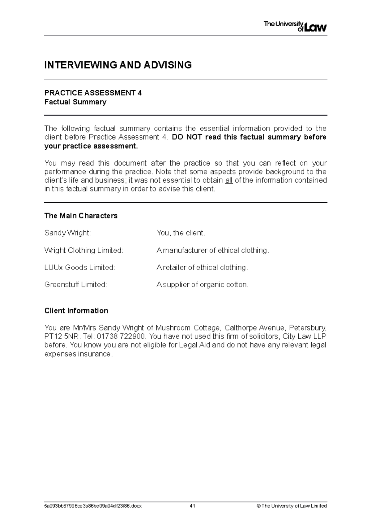 Factual Summary - Interviewing and advising - INTERVIEWING AND ADVISING ...