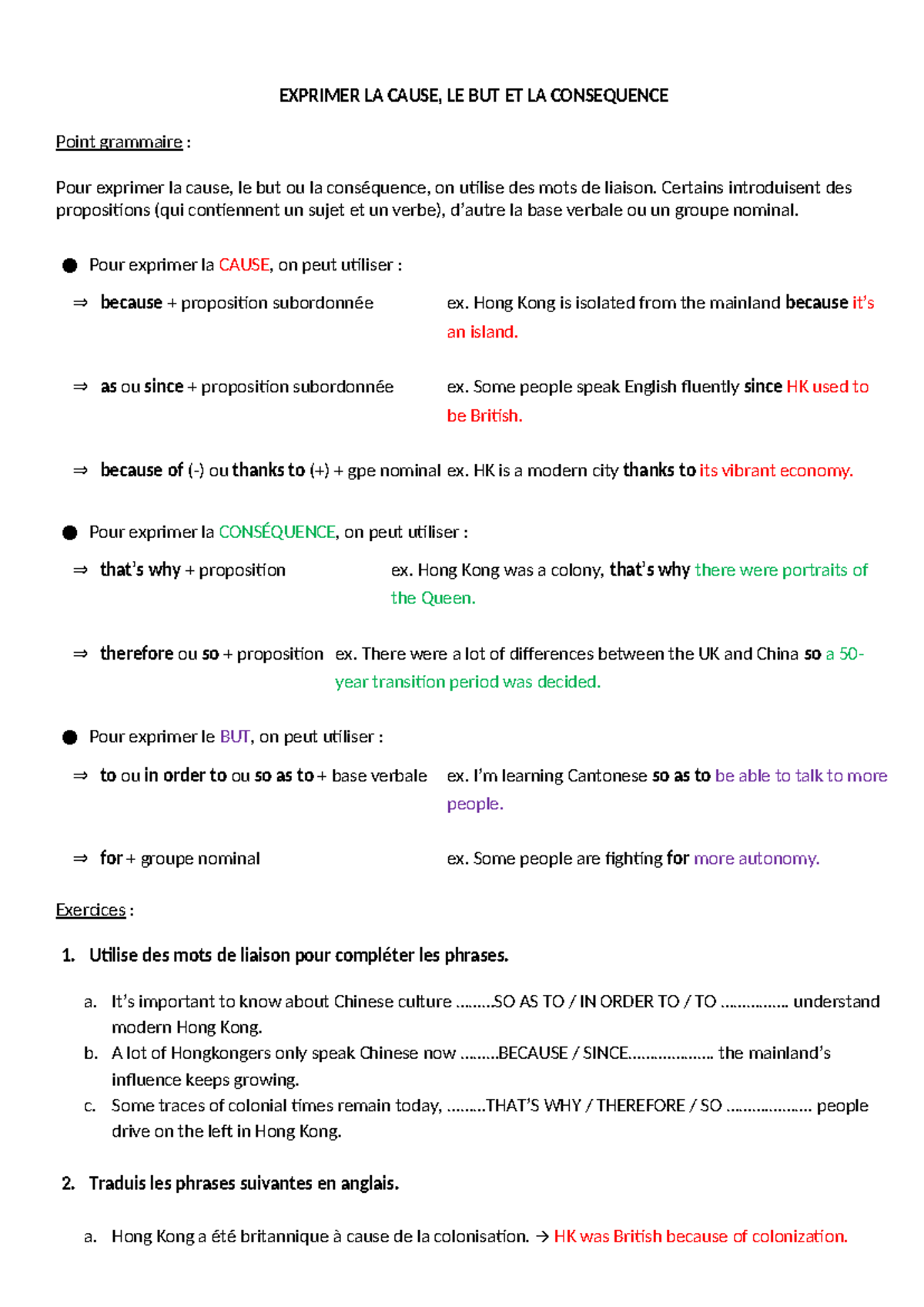 Cause but conséquence - correction - EXPRIMER LA CAUSE, LE BUT ET LA ...