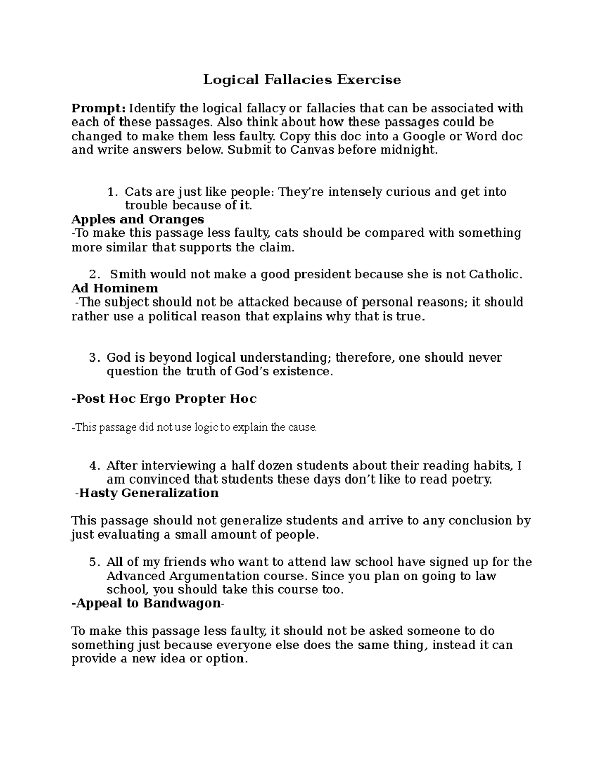 Logical Fallacies Exercise - Logical Fallacies Exercise Prompt ...