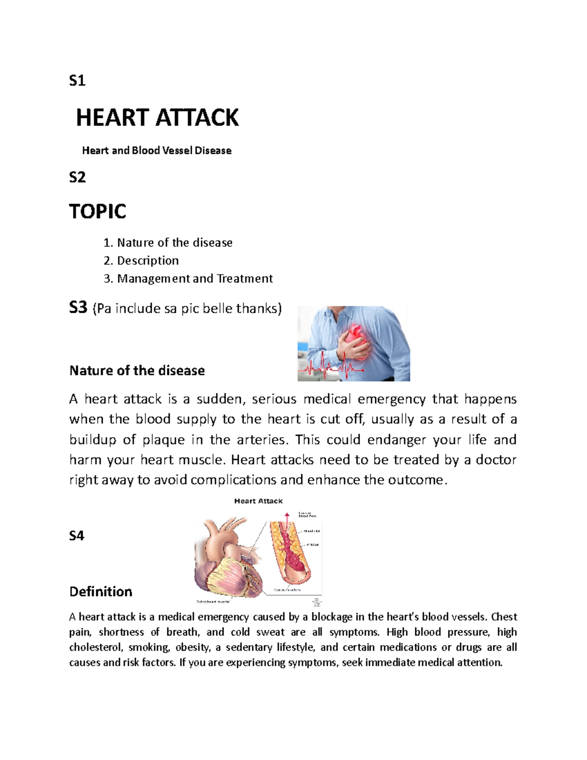 Heart Attack - S HEART ATTACK Heart and Blood Vessel Disease S TOPIC 1 ...