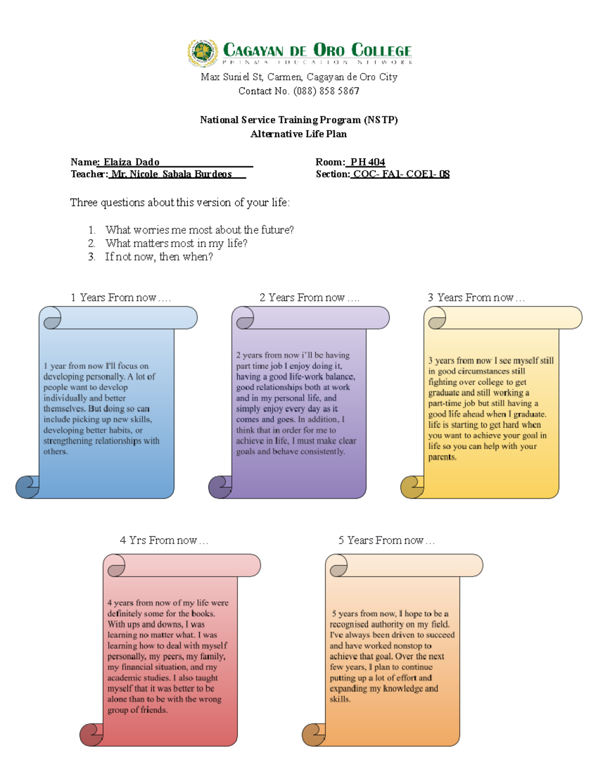 Alternative Life Plan - Contact No. (088) 858 5867 National Service ...