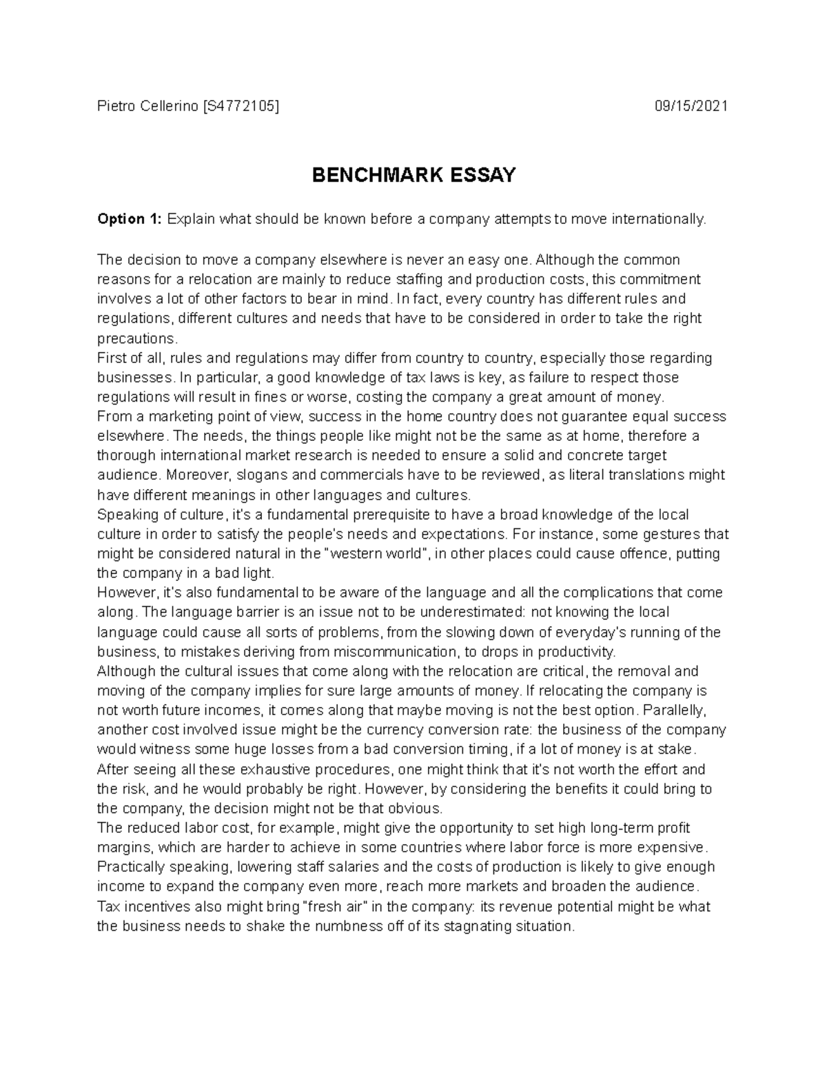Benchmark essay Pietro Cellerino - Pietro Cellerino [S4772105] 09/15 ...