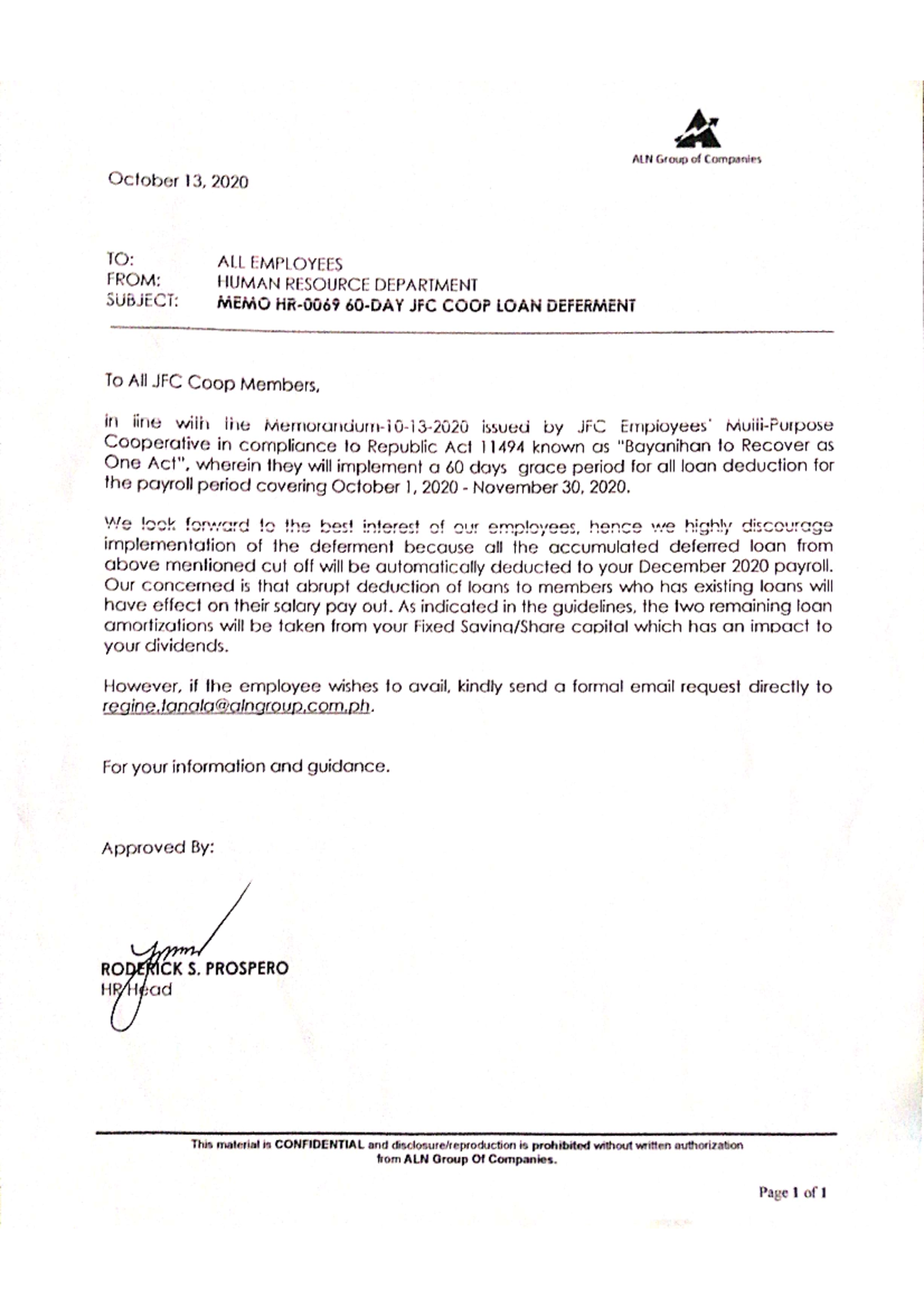 MEMO HR 0069 60 DAY JFC COOP LOAN Deferment - BS Hospitality Management - Studocu
