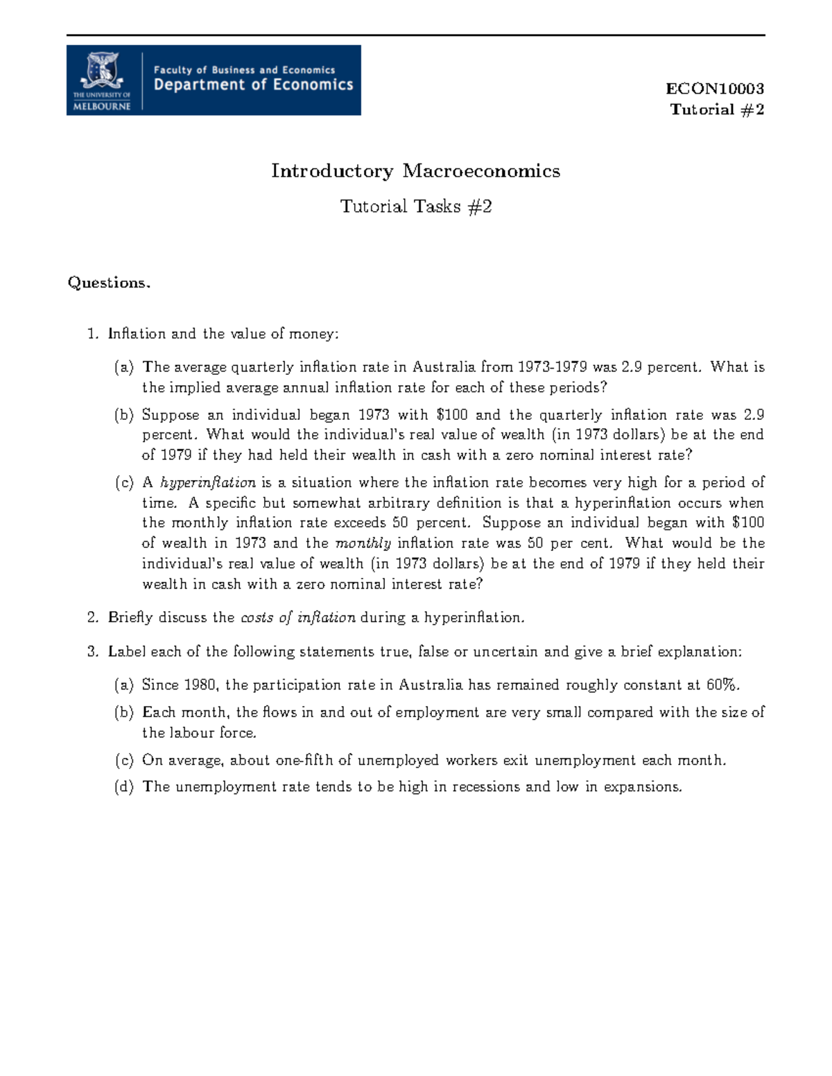 Introductory Macroeconomics Tutorial 2 Answers 2021 Semester 2 - ECON10003 - Unimelb - Studocu