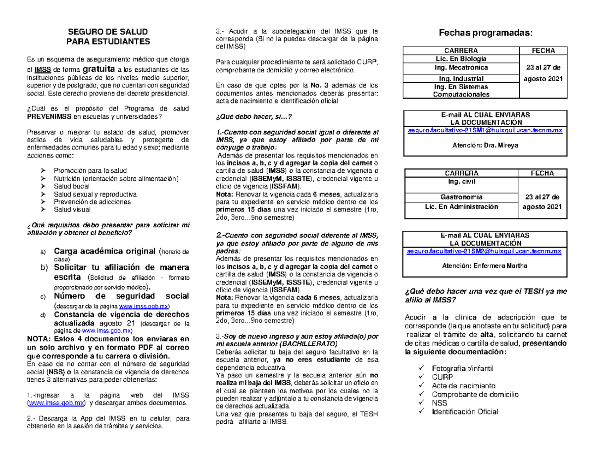 Triptico Seguro DE Salud PARA Estudiantes 2021 - SEGURO DE SALUD PARA ...