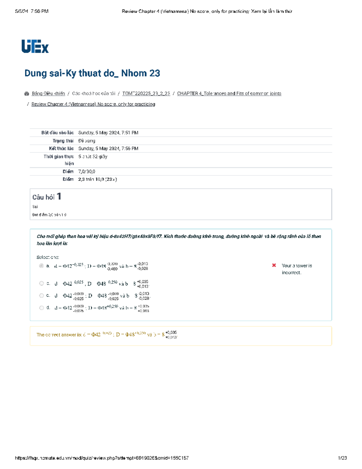 Review Chapter 4 (Vietnamese) No score, only for practicing Xem lại lần làm thử - UlEx Dung sai ...