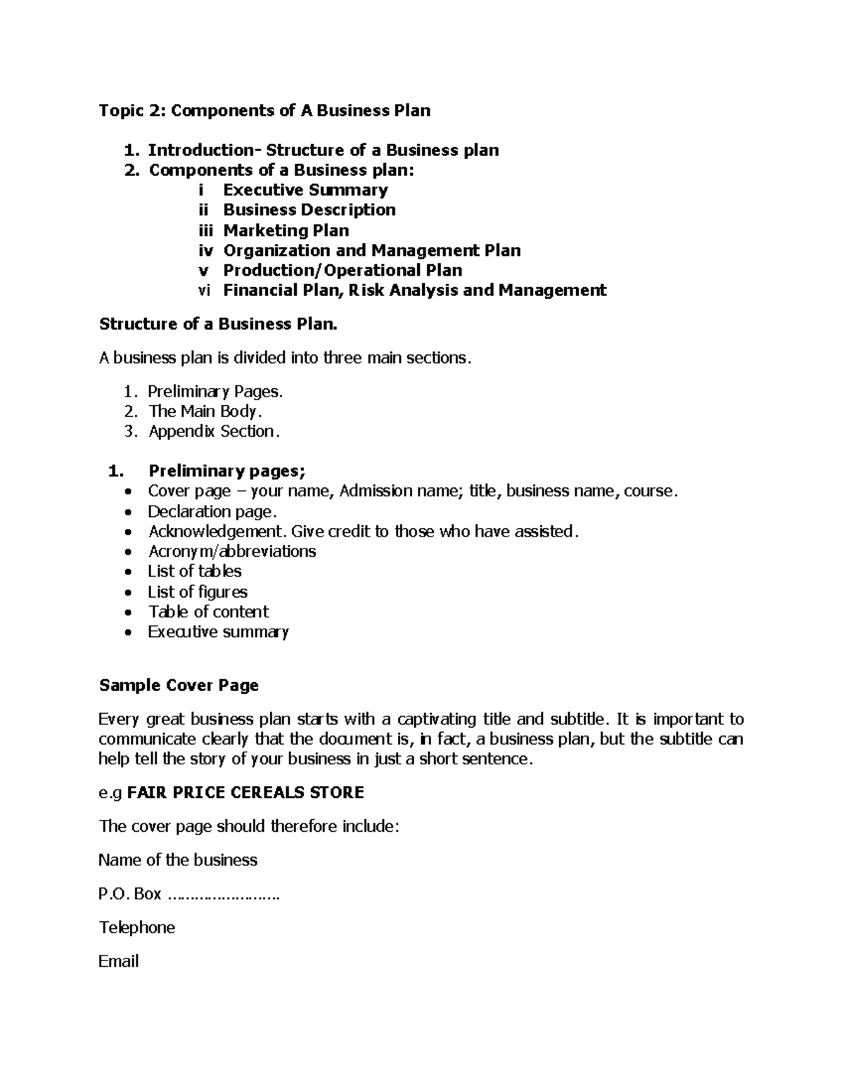 Topic 2 -Components of a Business Plan-01-02-2024 - Topic 2: Components ...