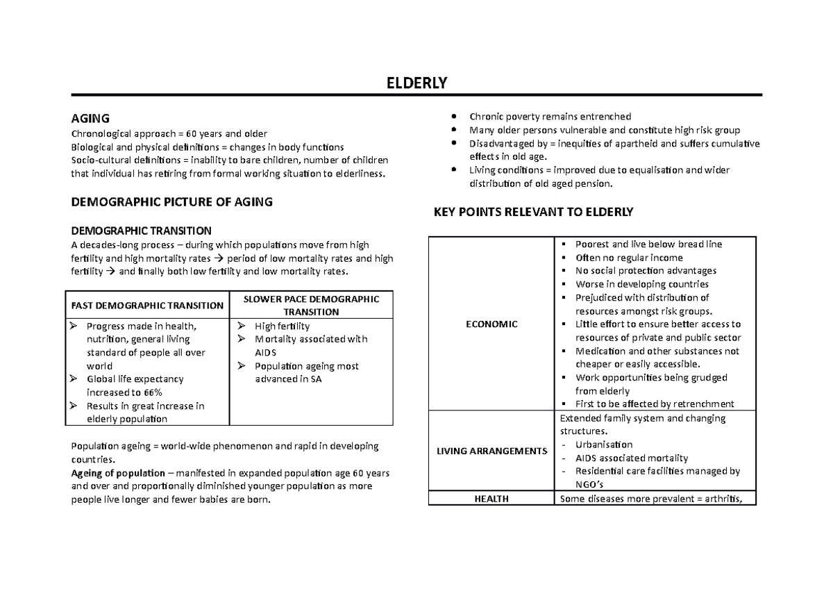 Elderly in Life Cycle - ELDERLY AGING Chronological approach 60 years ...