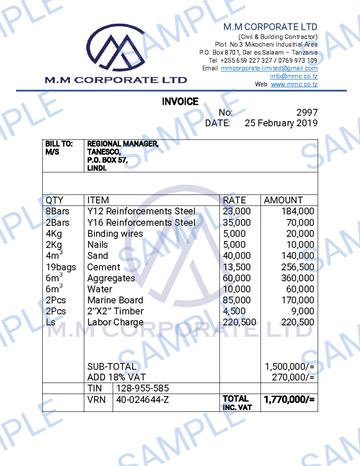 Invoice Sample - Inv samaple - M CORPORATE LTD (Civil & Building ...