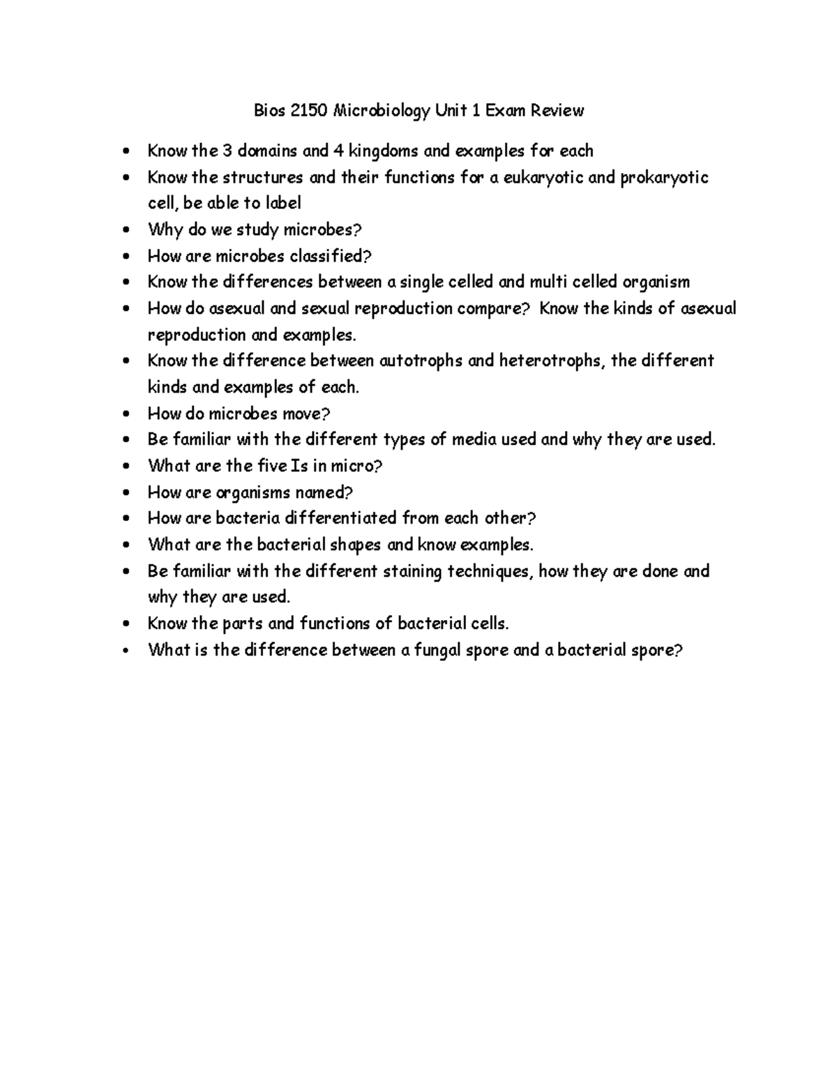 Unit 1 Review - Microbes - Bios 2150 Microbiology Unit 1 Exam Review ...