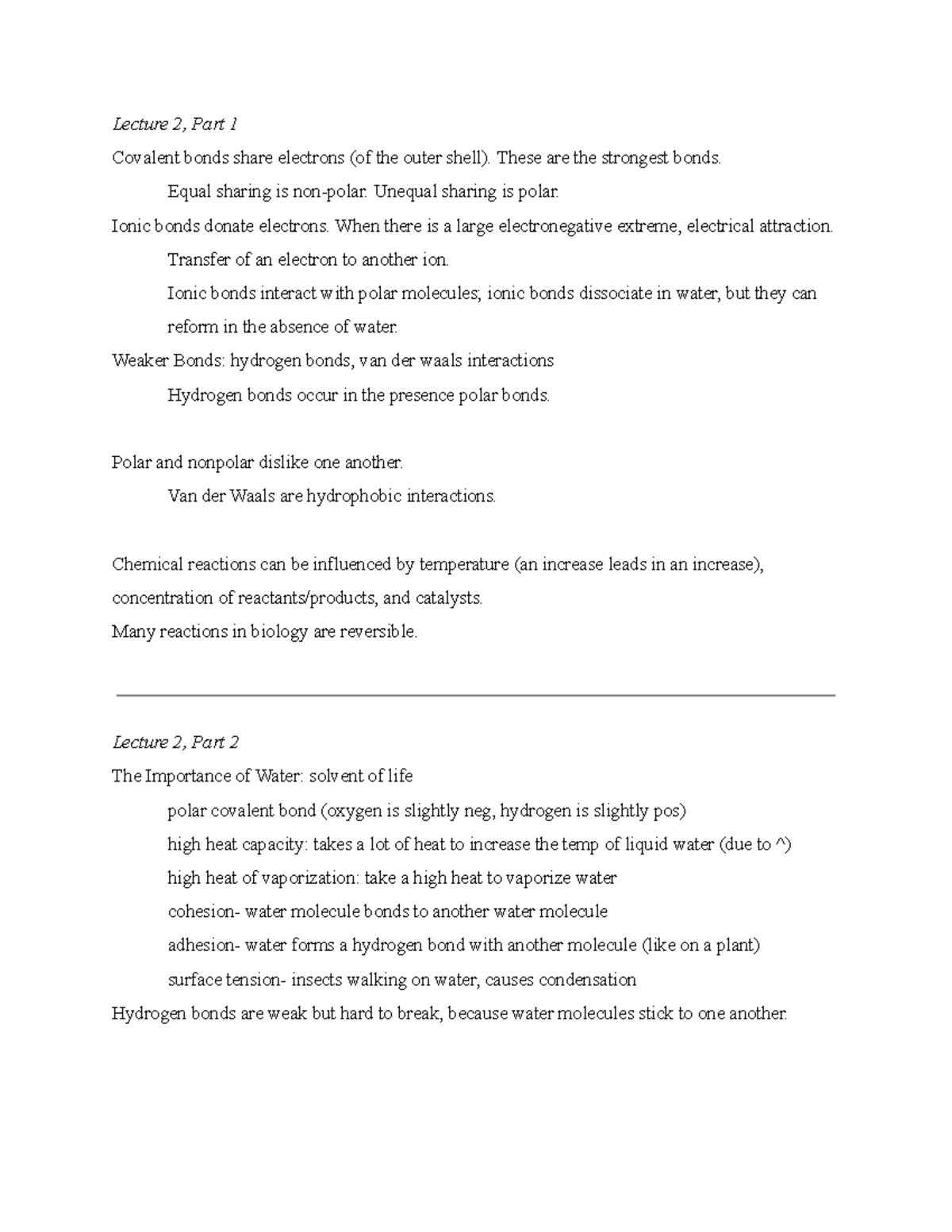 BISC 160 Test 1 (Lecture Notes 1-4) - Lecture 2, Part 1 Covalent bonds ...