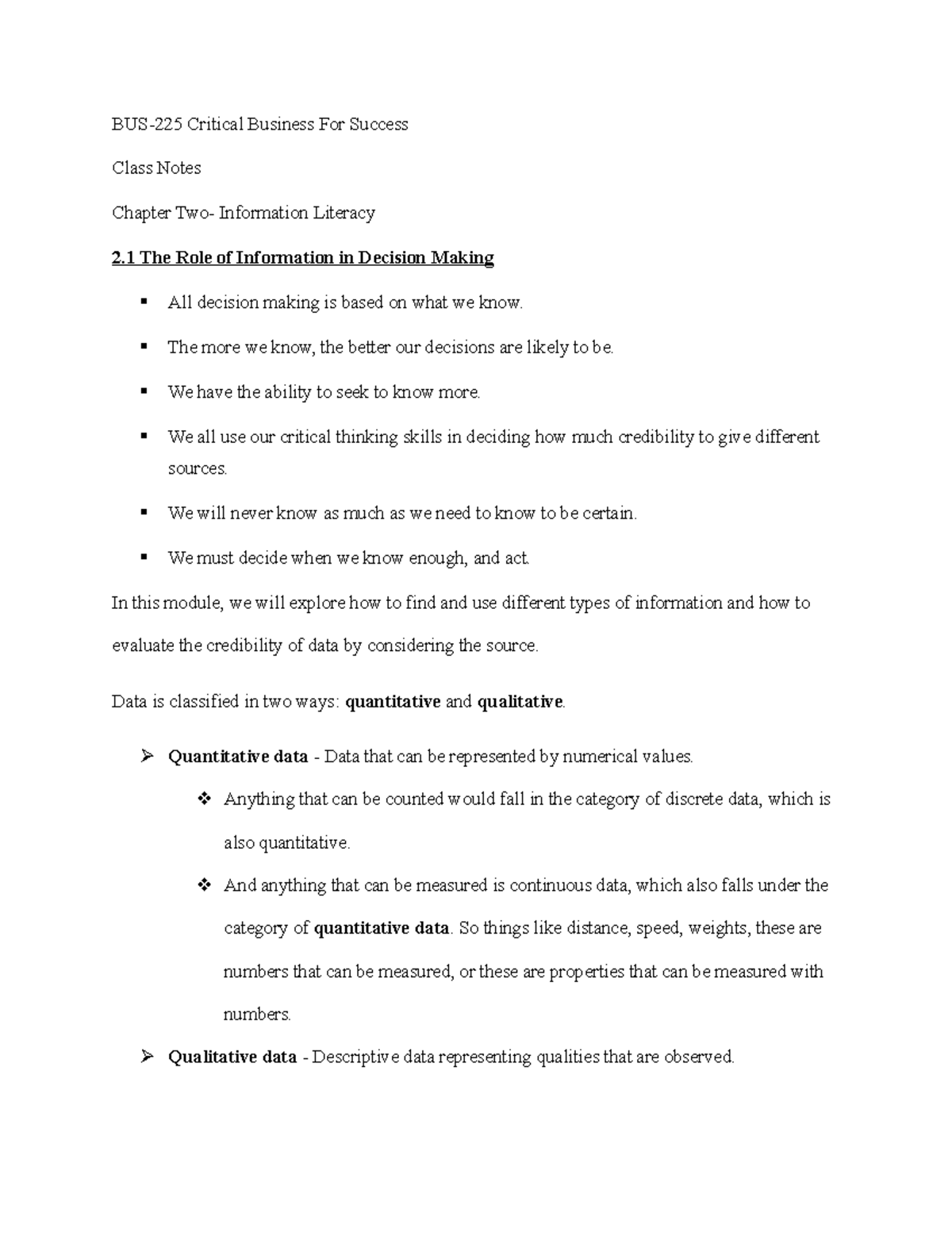 Module 2 Reading Chapter 2 Notes - BUS-225 Critical Business For ...