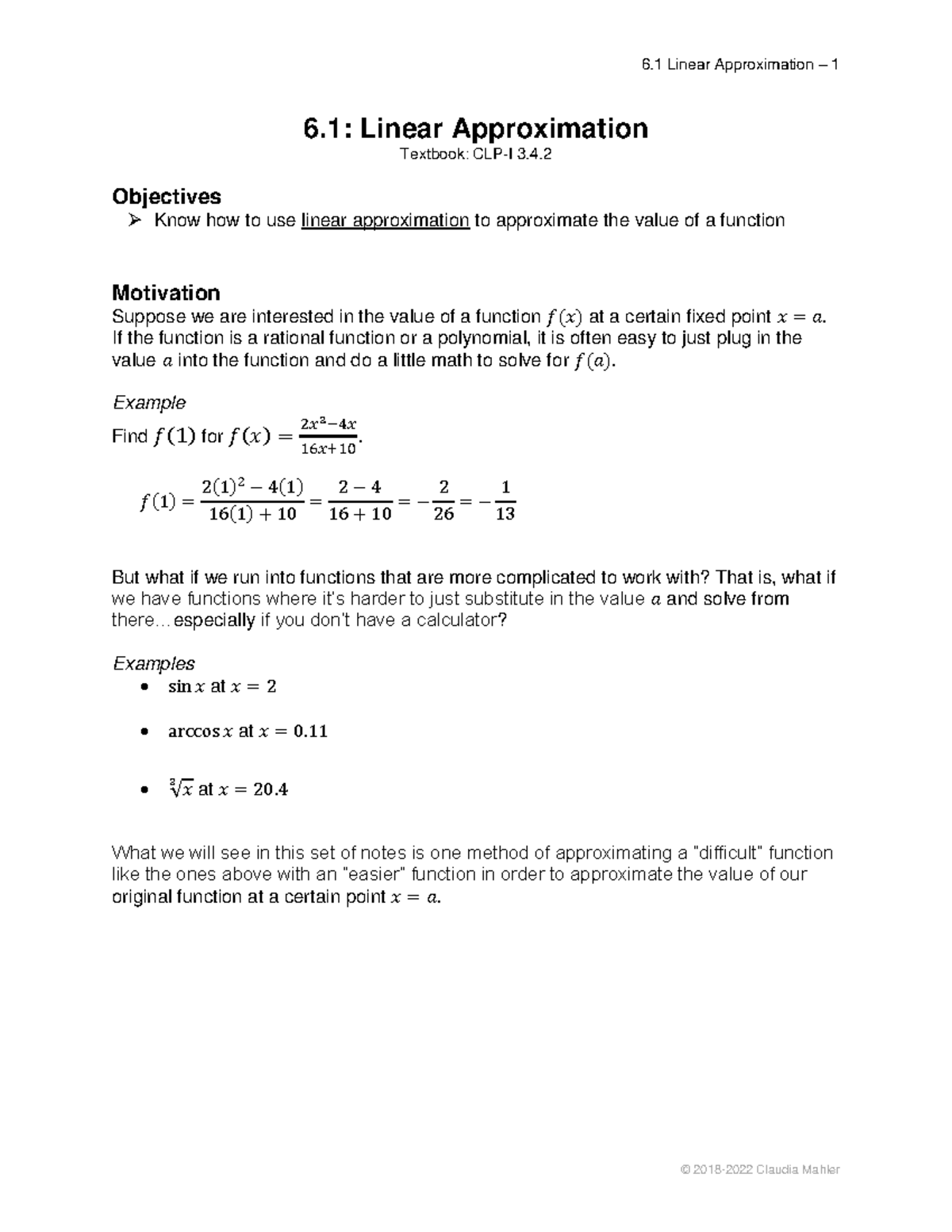 6.1 Linear Approximation - 6: Linear Approximation Textbook: CLP-I 3. 2 ...