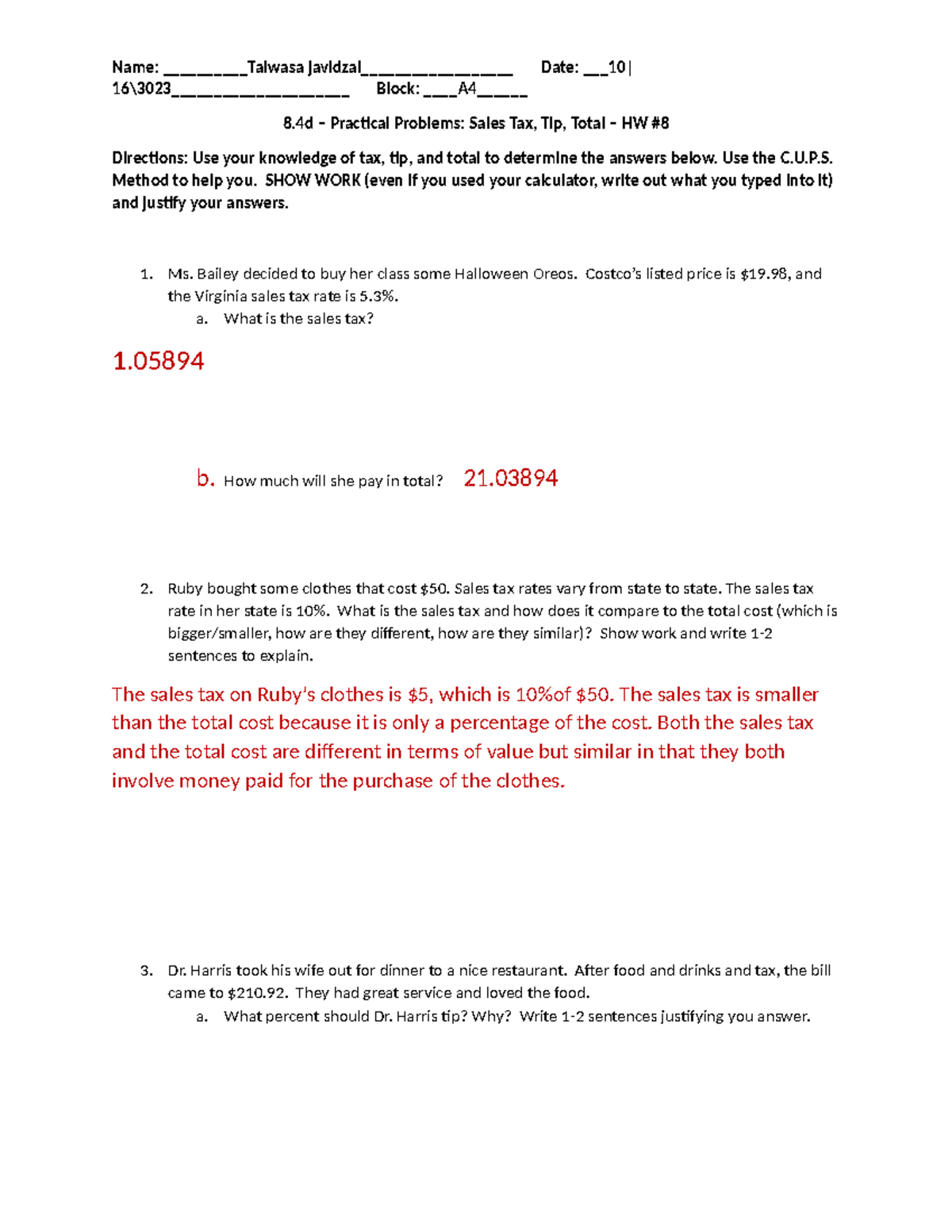 HW 8 - Practical Problems - Sales Tax, Tip and Total (8 - Name: Talwasa ...