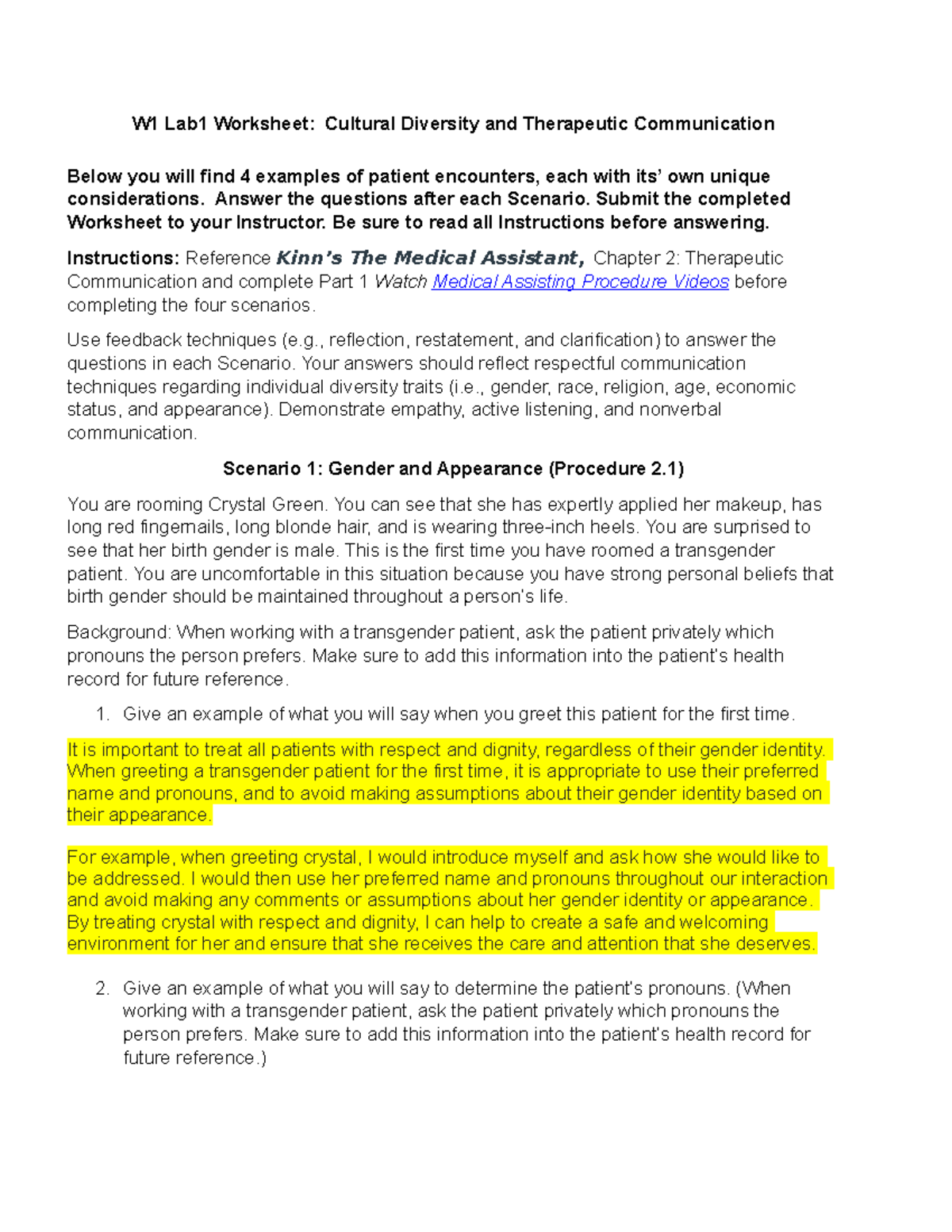 MOA110 W1 Lab finished - lab - W1 Lab1 Worksheet: Cultural Diversity and Therapeutic ...