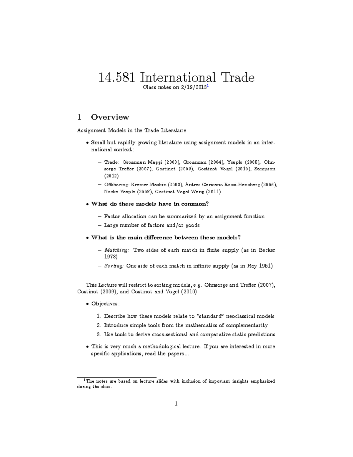 Models in the Trade Literature - 14 Internationa 1 l Trade Class notes ...