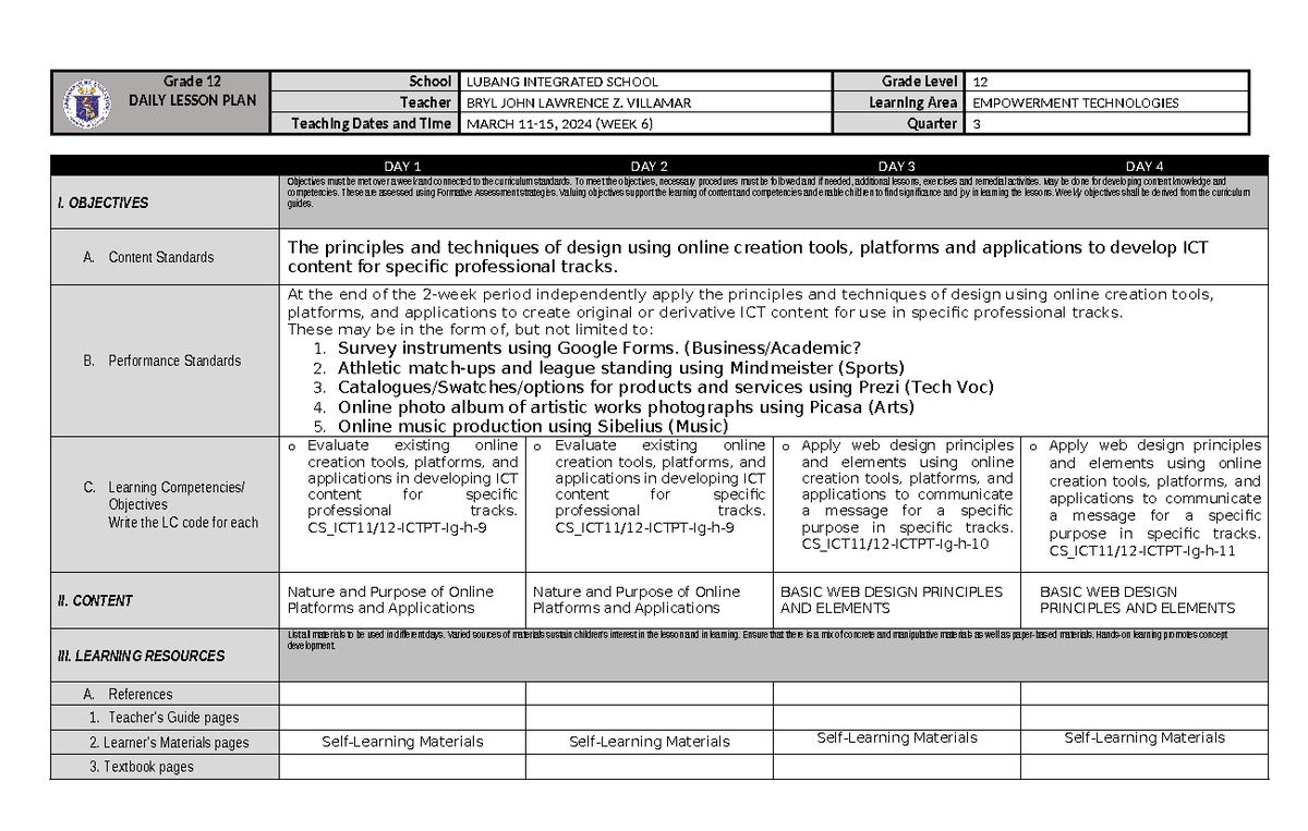WEEK 6 - EMPOWERMENT TECHNOLOGIES - Grade 12 DAILY LESSON PLAN School ...