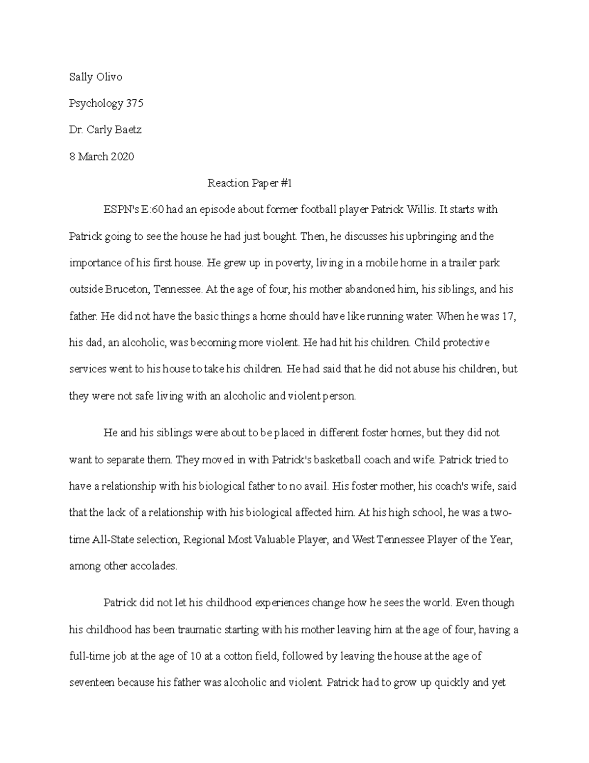 Reaction Paper 1 - RP 2 - Sally Olivo Psychology 375 Dr. Carly Baetz 8 ...