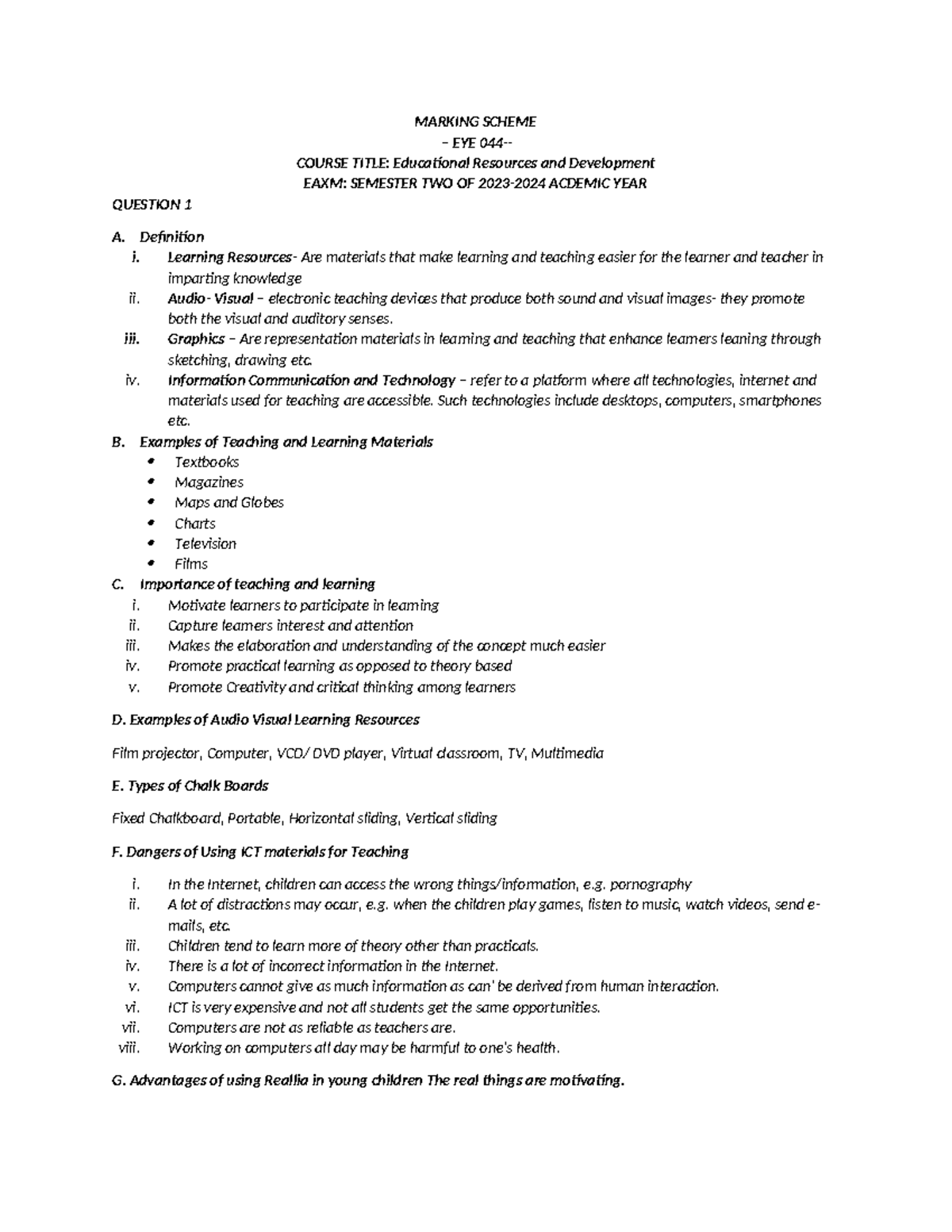 EYE -044 Marking Scheme - MARKING SCHEME – EYE 044- COURSE TITLE ...