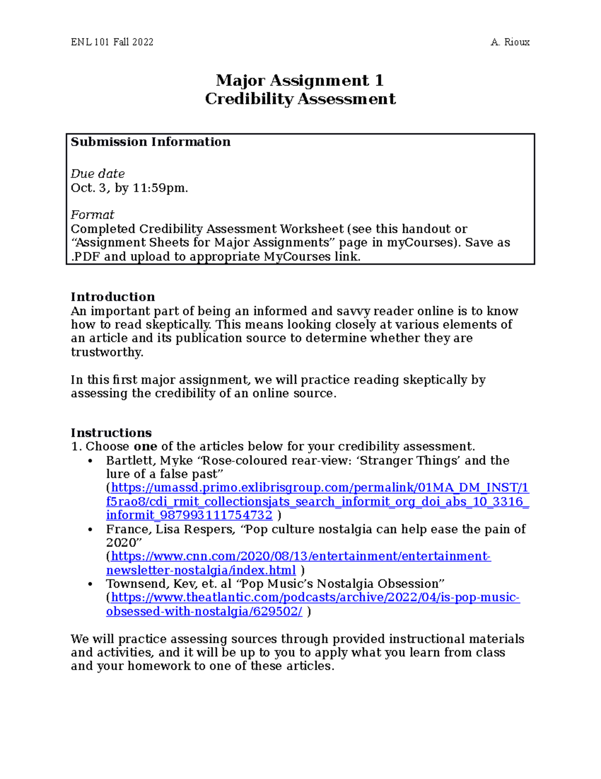 Rioux MA 1Assignment Sheet - Major Assignment 1 Credibility Assessment ...