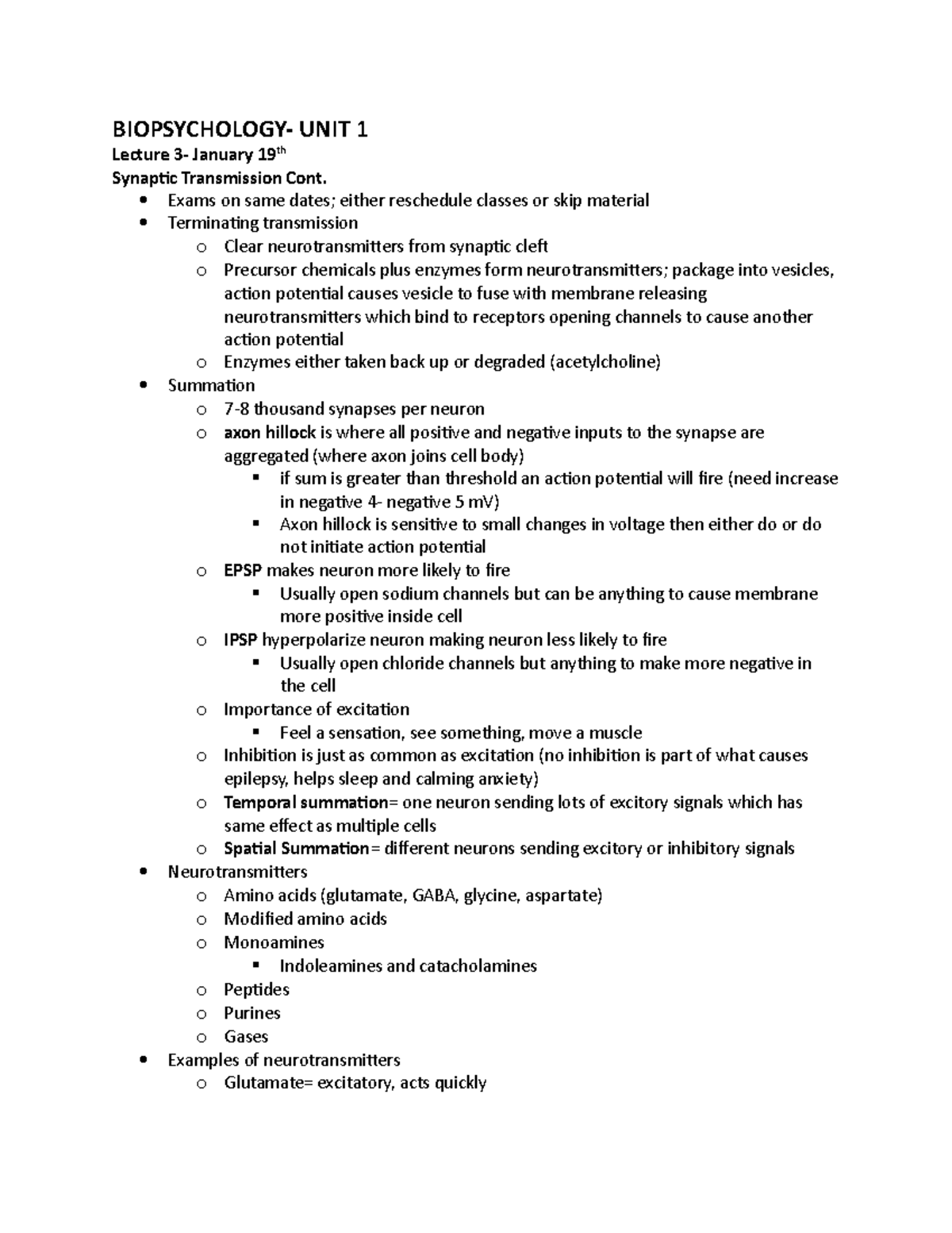 Biopsychology (BIOL 4020) Unit 1 Lecture 3 Part I: Synaptic ...