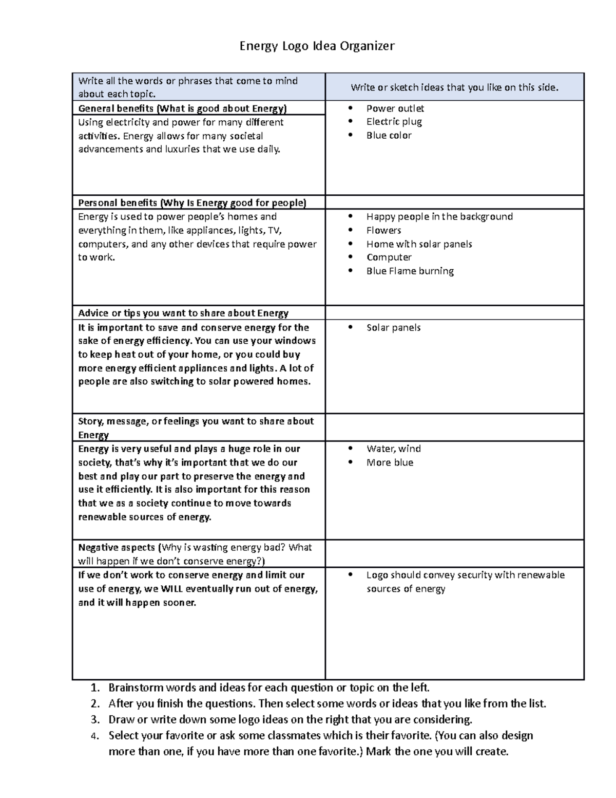 Energy Logo Idea Organizer - Energy Logo Idea Organizer Write all the ...