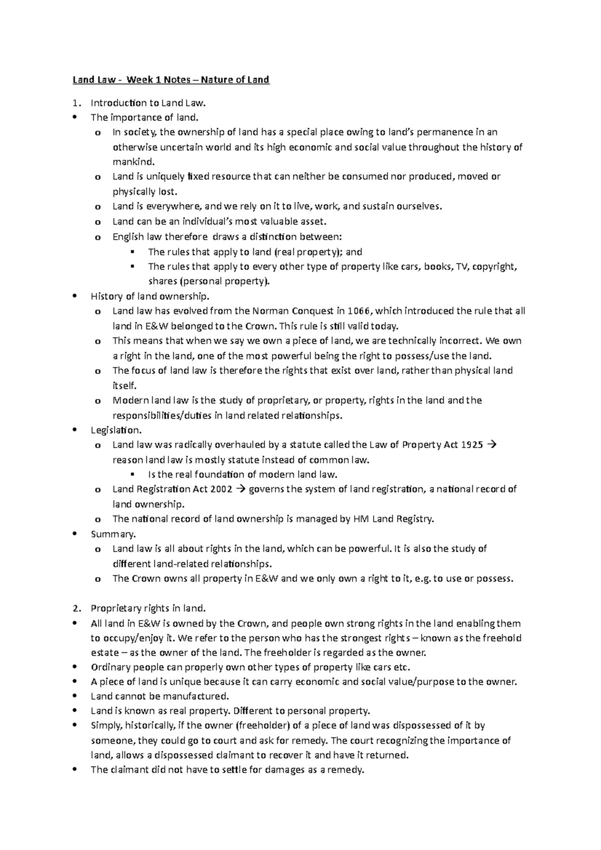 Land Law - Week 1 Notes - Nature of Land - Land Law - Week 1 Notes ...
